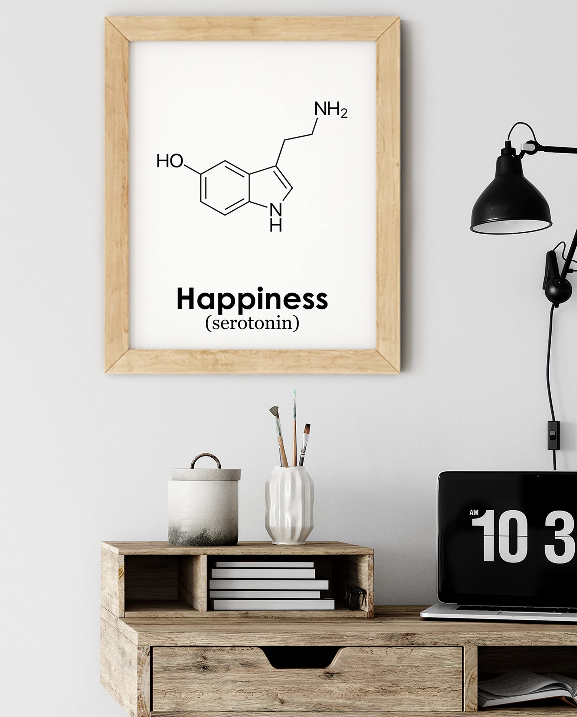 Happiness Serotonin Molecule Wall Art 11x14 Unframed Art Print Poster Black on White for Office, Classroom, Science Laboratory or Home Décor. Great Gift For Scientists, Chemists, Geeks and Nerds