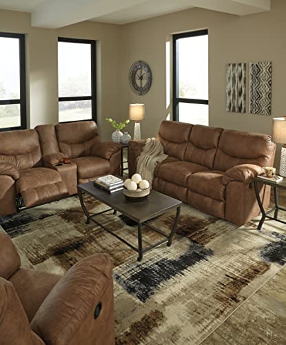 Signature Design by Ashley Boxberg Oversized Faux Leather Manual Double Reclining Loveseat with Center Console, Brown