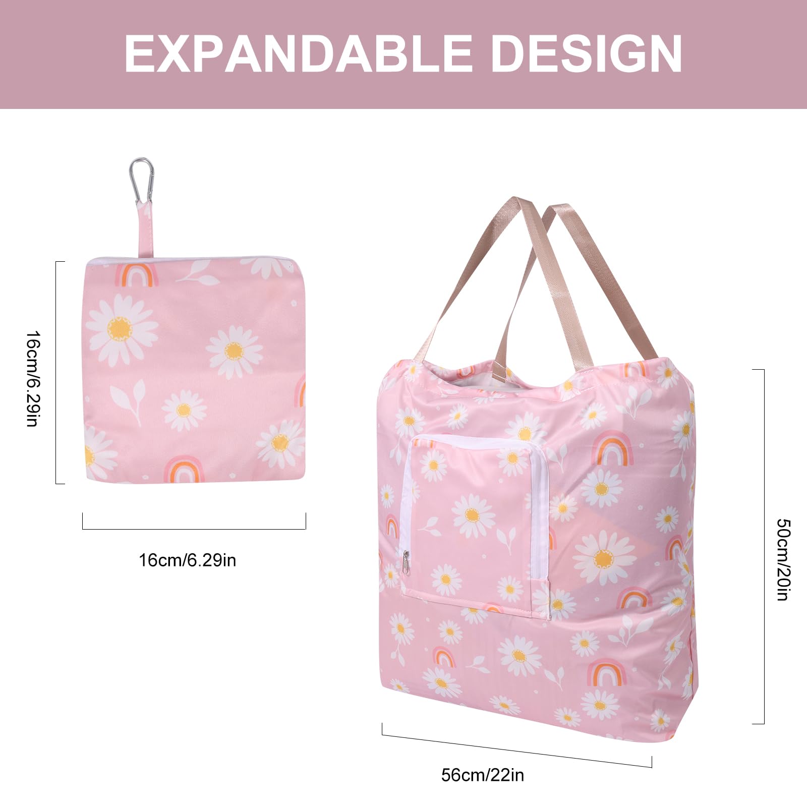 SANFERGE 2 Pack Travel Laundry Bag with Handle and Drawstring, Expandable Foldable Dirty Clothes Bags with Hook and Zipper, 23*20 inch, Cartoon 1 White + Pink