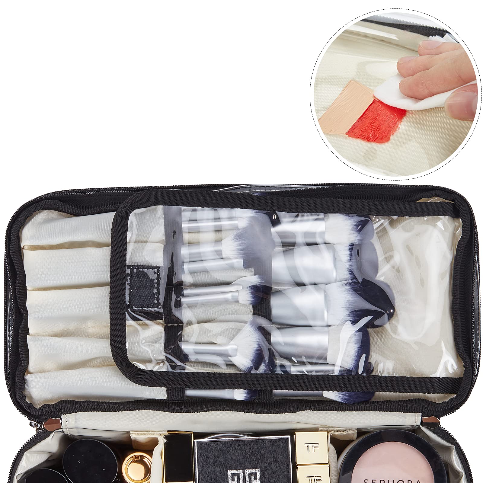 FINDCOZY Double Layer Makeup Bag, Large Cosmetic Case for Women, Make Up Organizer for Brushes, Beauty, Eyeshadow Palette, Lipstick (Black, Clear top)