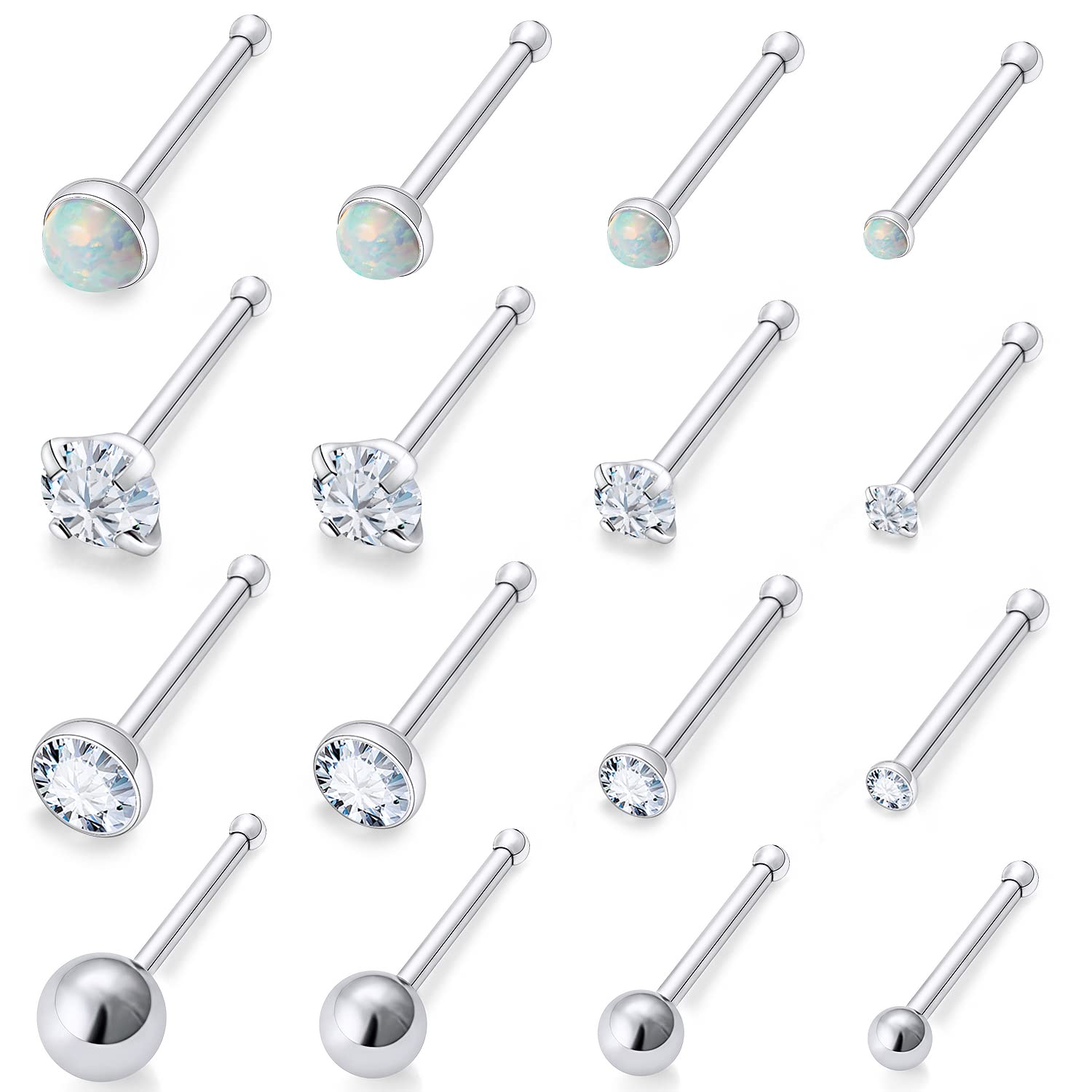 Lsnevsie Nose Rings Studs for Women 22G Surgical Stainless Steel Straight Silver Hypoallergenic Opal Nose Nostril Stud Ring Pin Bone Earring Piercing Jewelry Pack Set Men Diamond 1.5mm 2mm 2.5mm 3mm