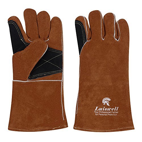 Luiswell 8007 Welding Gloves Heat Resistant Premium Cowhide Split Side Leather Tig Mig Arc Stick Welder Fireplace Gloves, Seamless Forefinger, Palm and Thumb Double Reinforced, 14 inch Long, Brown