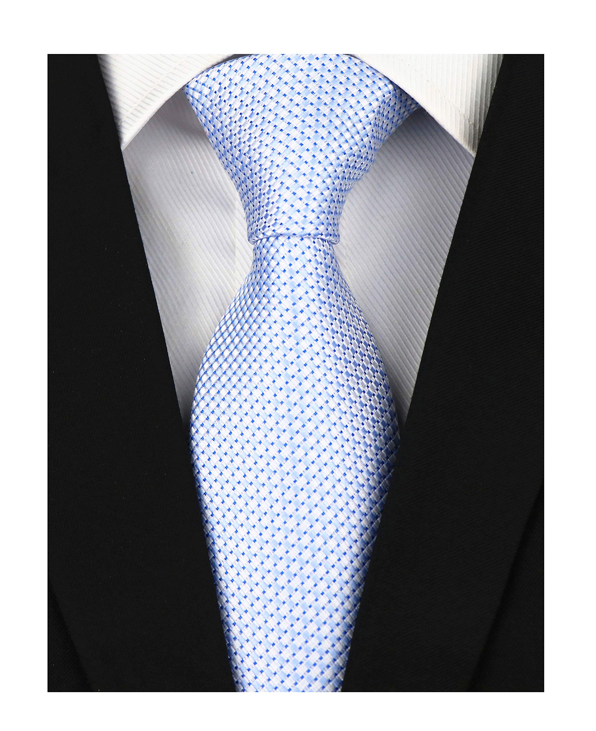 Elfeves Light Blue White Silk Tie Mini Check Design Necktie Valentines Gifts for Men Guy Boys