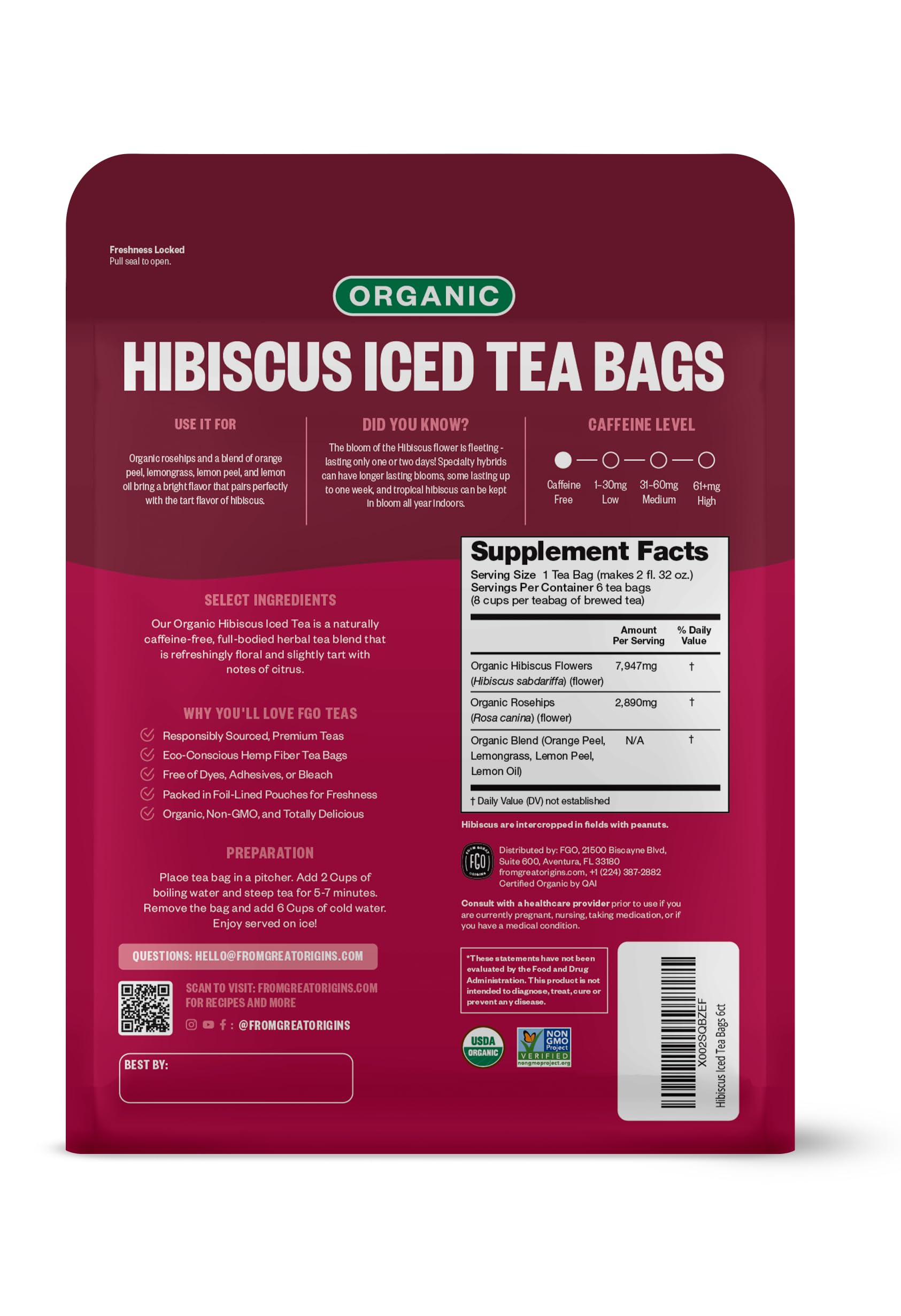 FGO Organic Hibiscus Iced Tea, Eco-Conscious Tea Bags, 6 Pitcher Bags, Packaging May Vary (Pack of 1)
