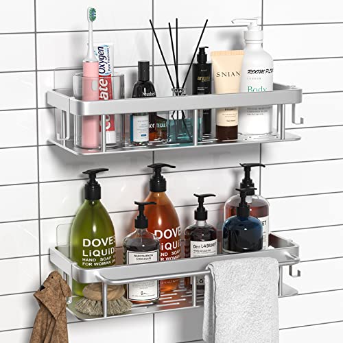 yolid Shower Caddy Adhesive Shower Organizer with Towel Rack and 4 Hooks, Rustproof Shower Shelves Rack for Shampoo Conditioner Bathroom Inside Shower Storage 2 Pack