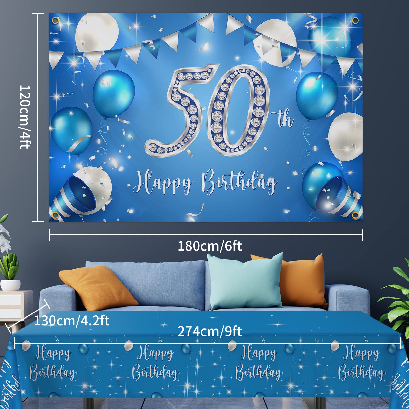 Happy 50th Birthday Balloons Blue Set Decor - Cheers to 50 Years Old Party Theme Garland Banner Backdrop Tablecloth Decorations For Women and Men