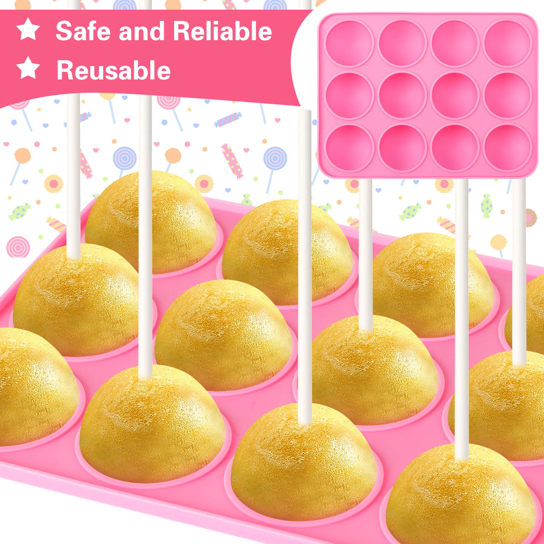 JULMELON Cake Pop Mold,12pcs Capacity Silicone Cake Pop Mold Set, Cake Pop Maker with 100pcs Cake Pop Sticks 100pcs Candy Treat Bags100pcs Gold Ties for Lollipop Candy Chocolate Making and Packing