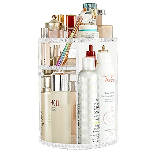 LoengMax 360 Rotating Makeup Organizer, Acrylic DIY Adjustable Spinning Holder, Large Capacity Make up Caddy Shelf, Fits Makeup Brushes Lipsticks (Clear)