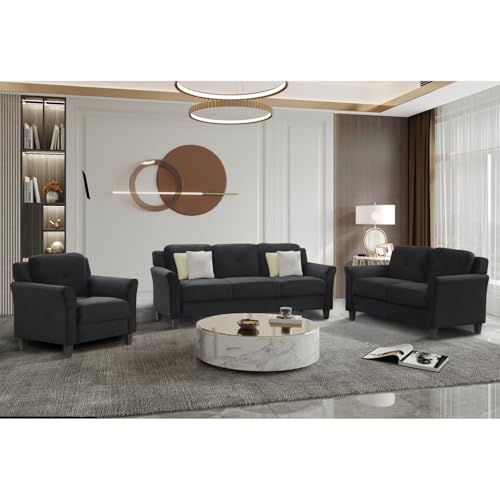 NHX 3 Piece Living Room Set Sectional Sofa Include Rolled Arms Three Seater Sofa, Loveseat and Armchair Upholstered (1+2+3 Black Sofa Set)