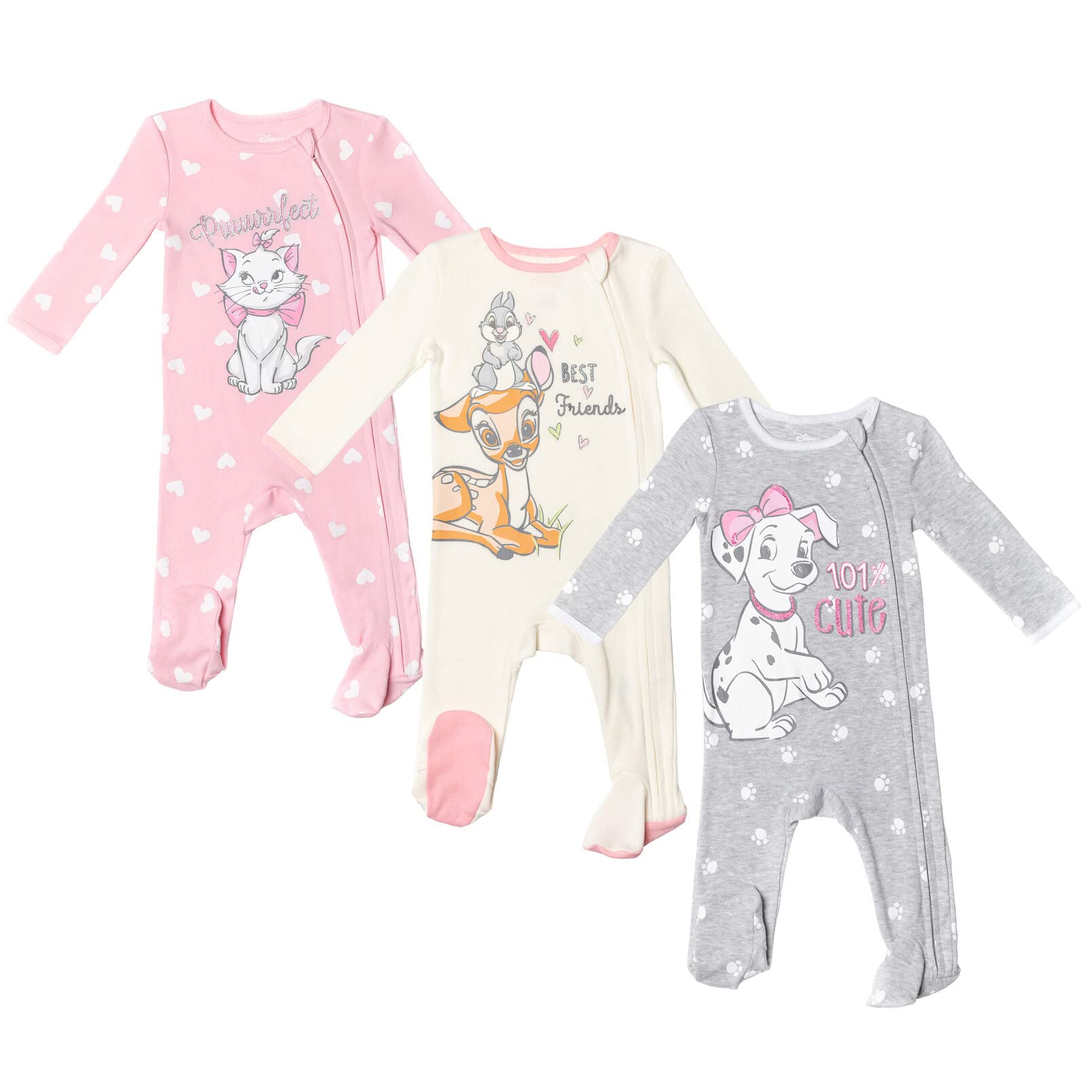 Disney Classics Aristocats 101 Dalmatians Bambi Baby Girls 3 Pack Footed Sleep N' Play Coverall 18 Months