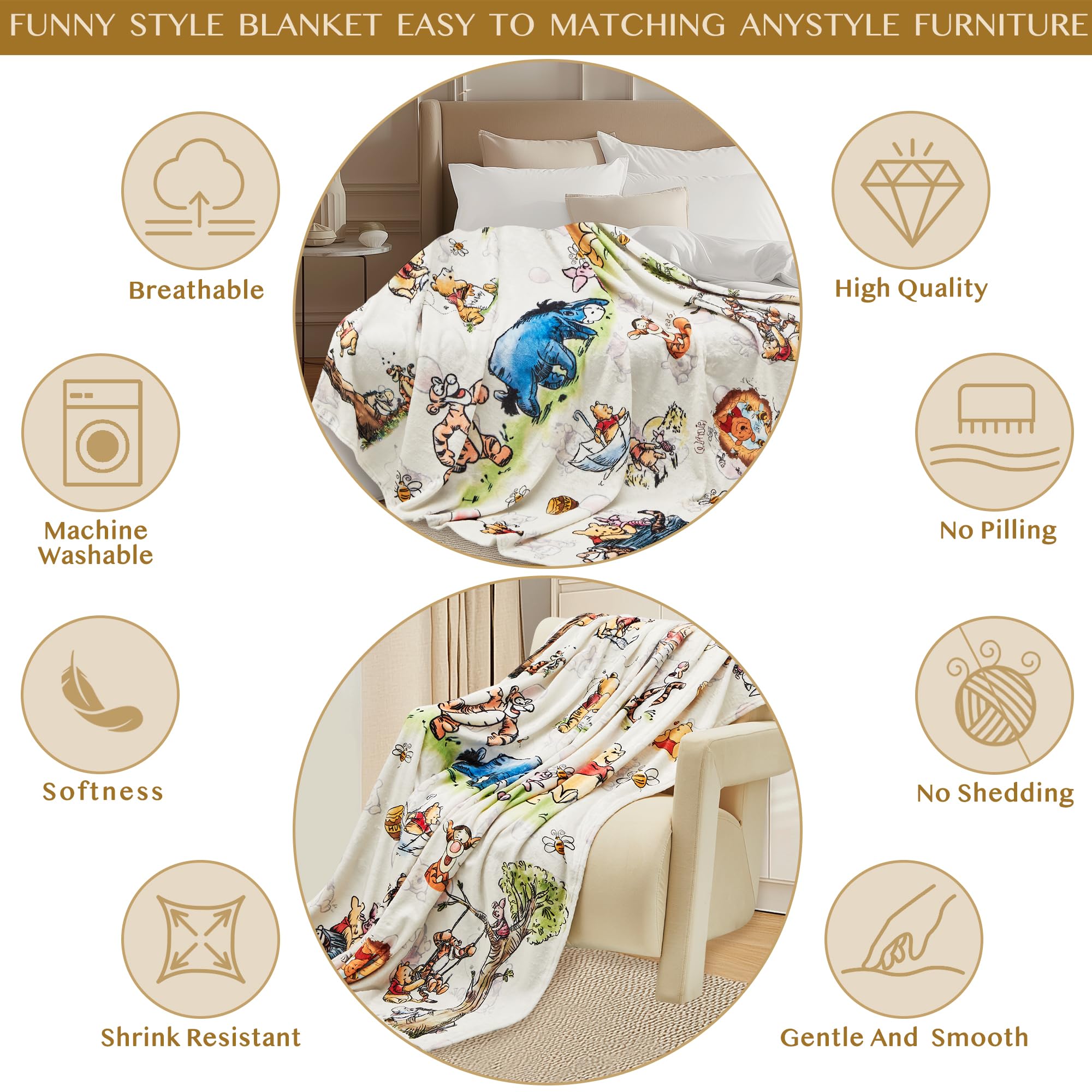 Pooh Bear Throw Blanket for Couch,Soft and Cozy Lightweight Plush Bed Blankets for Women,Fall Bear Theme Blanket Decor for Sofa Chair All Season Use,Thin Warm Blanket 50"x60"