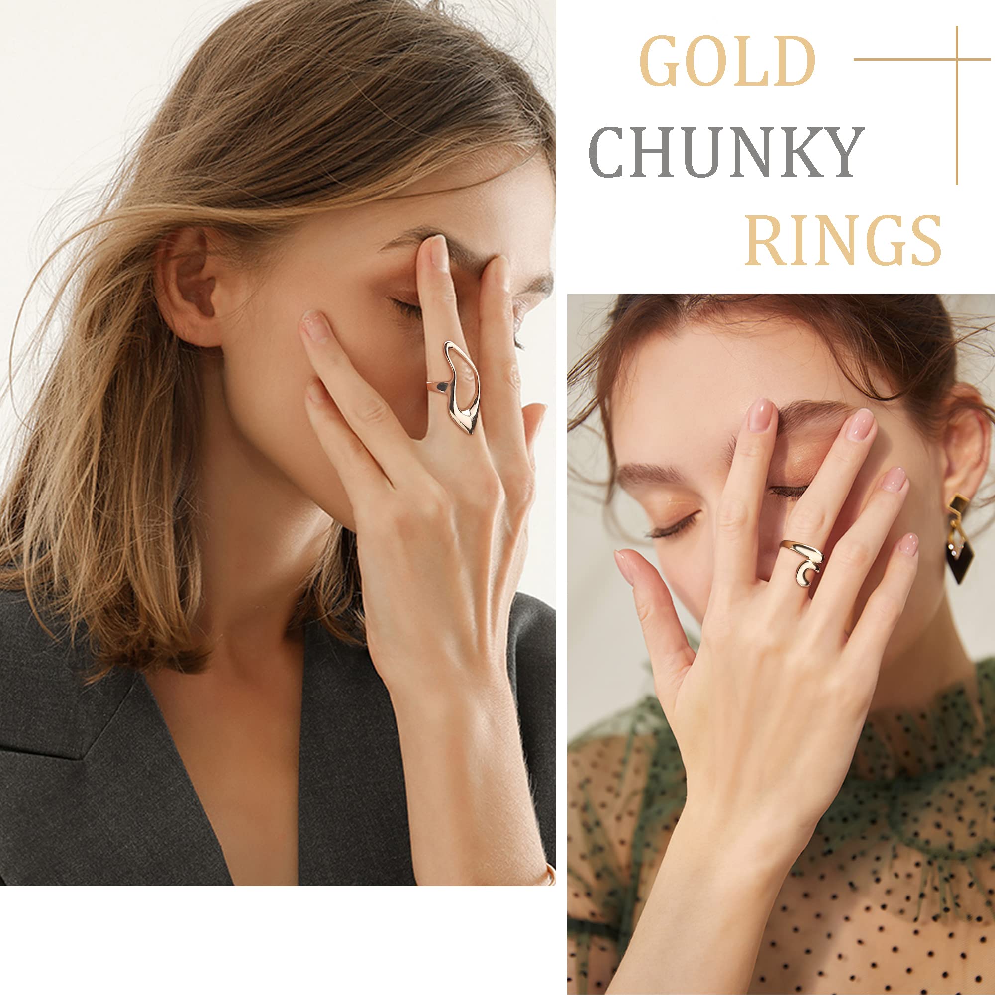 FIBO STEEL 9 Pcs Gold Chunky Rings for Women 18K Gold Plated Ring Set Dome Thick Open Rings Adjustable Gold tone