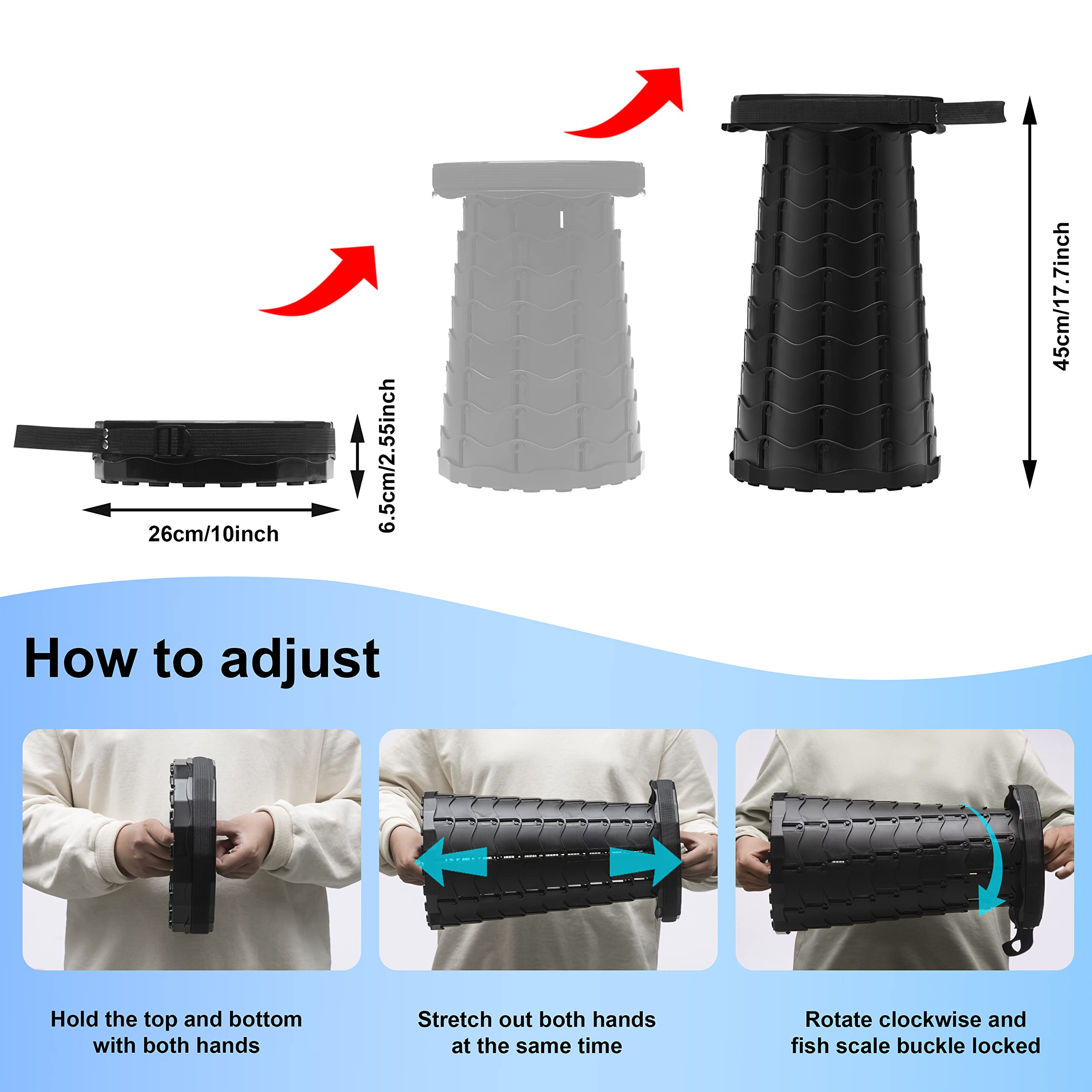 INBOEDEL Collapsible Stool Lightweight Portable Folding Stool for Adults Load Capacity 500lbs Retractable Plastic Telescopic Stool with Cushion for Camping Fishing BBQ Outdoors Indoors (Black)
