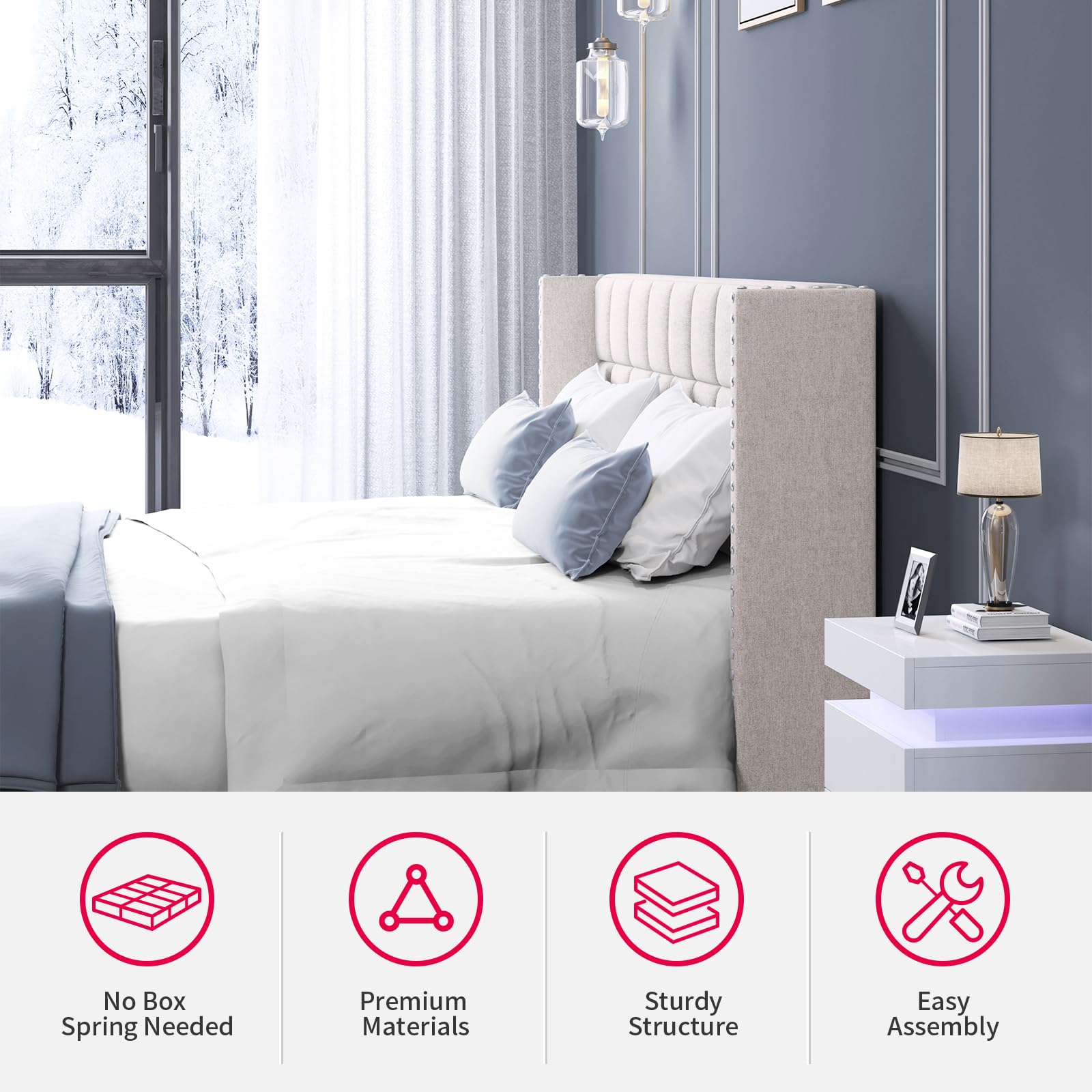 MUZZ Full Size Bed Frame with Headboard,Premium Velvet Platform Bed Frame,Wooden Bed Frame with Two Rows of Rivet Design,Light Grey
