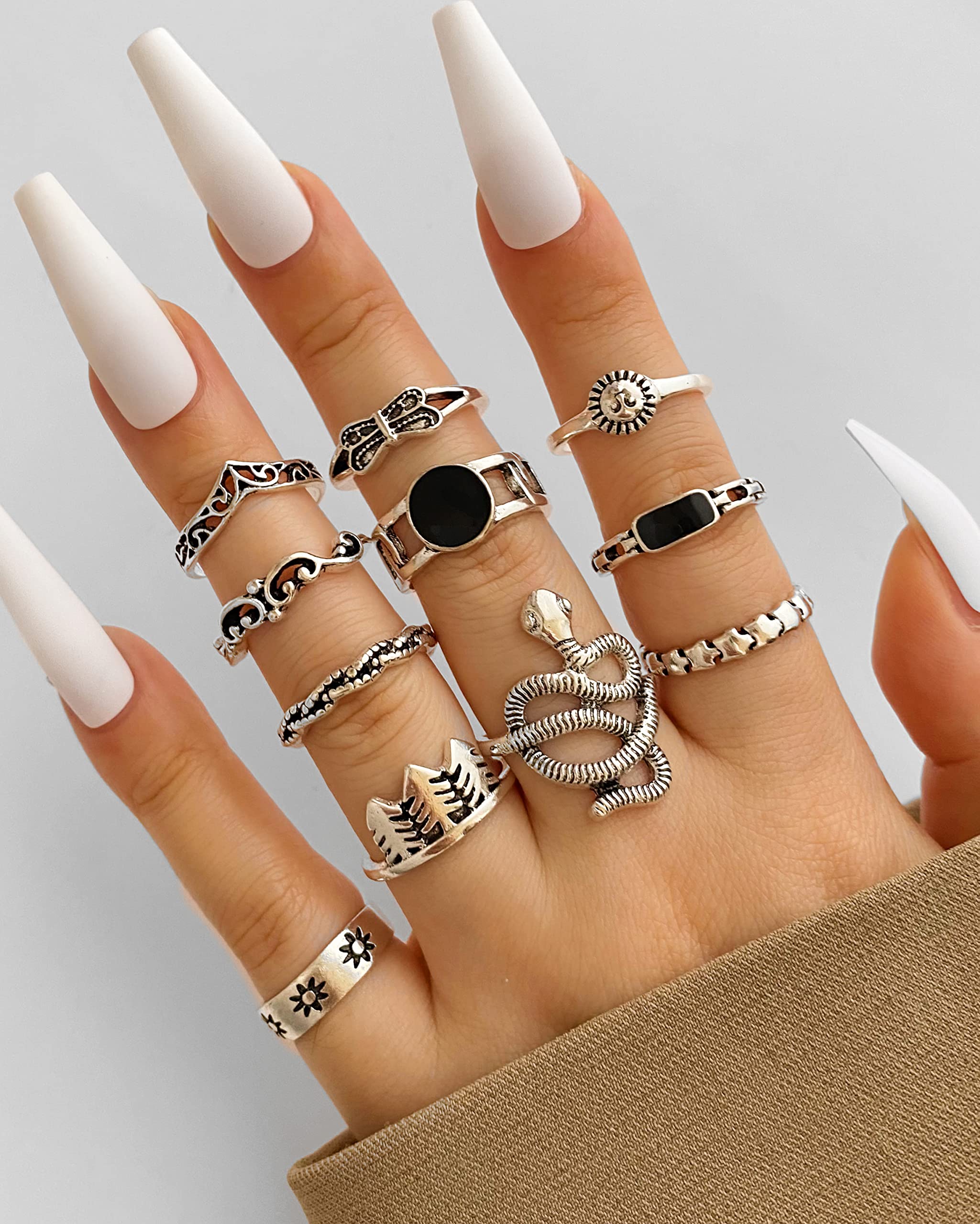 FAXHION 75 Pcs Vintage Silver Knuckle Rings Set for Women, Y2K Stackable Joint Finger Rings, Boho Butterfly Snake Aesthetic Stacking Midi Rings Pack