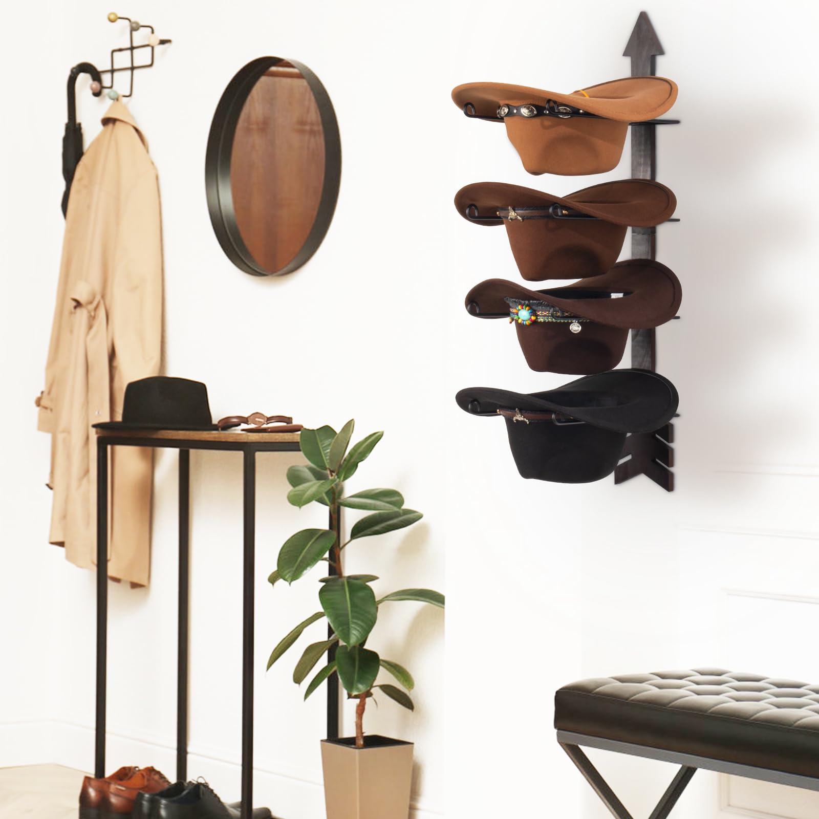 Outink Cowboy Hat Rack 4 Pieces Cowboy Hat Holder Western Decor Rustic Wood Arrow Hat Hangers Western Hat Organizer for Wall (1 PACK)