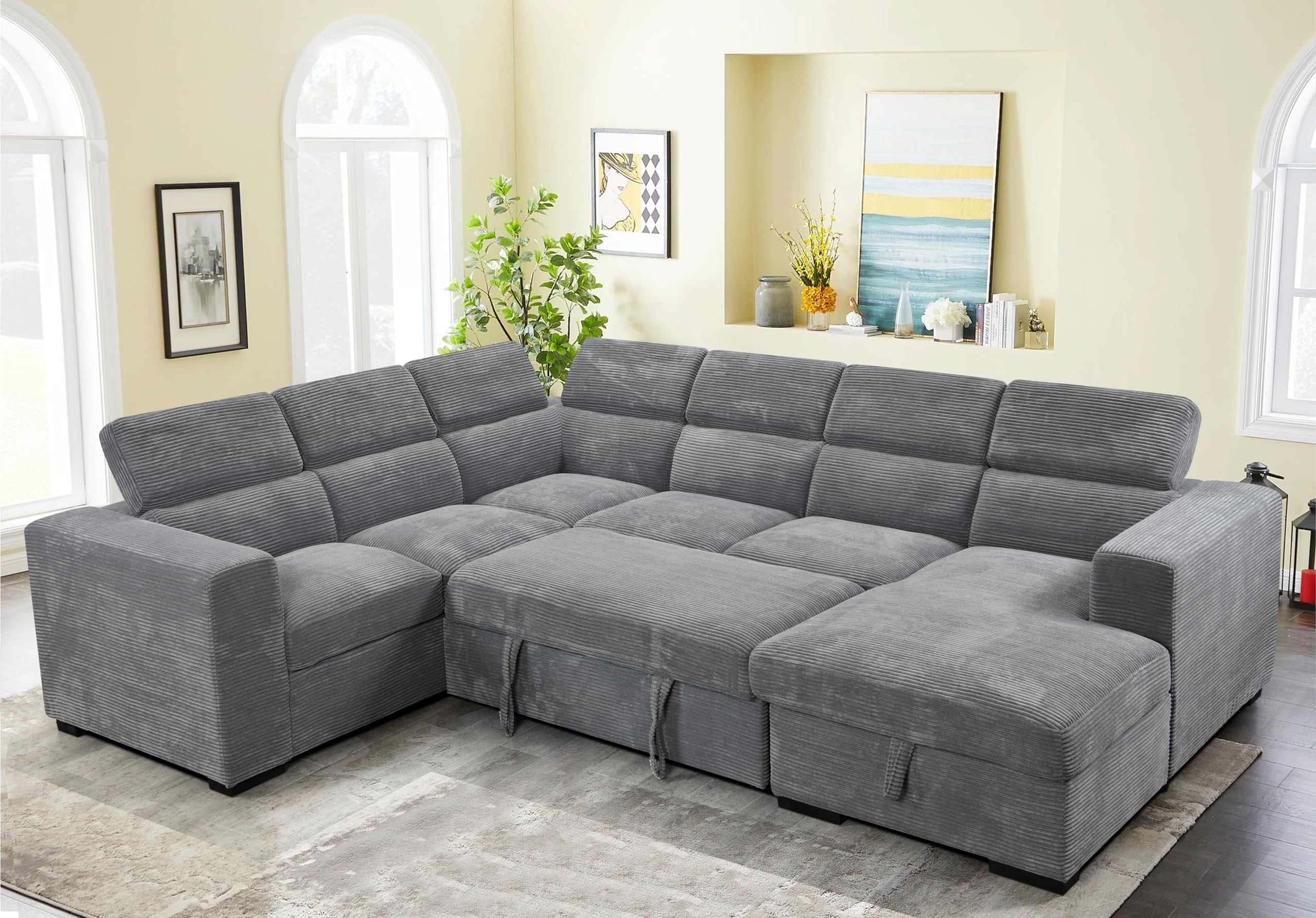 THSUPER 146'' Oversized Sectional Sleeper Sofa with Chaise Lounge and 2 Pull-Out Bed, 7-Seater U-Shaped Sectional Couches with Cuddler and 2 Cup Holders for Living Room - Belfast Fabric Dark Grey