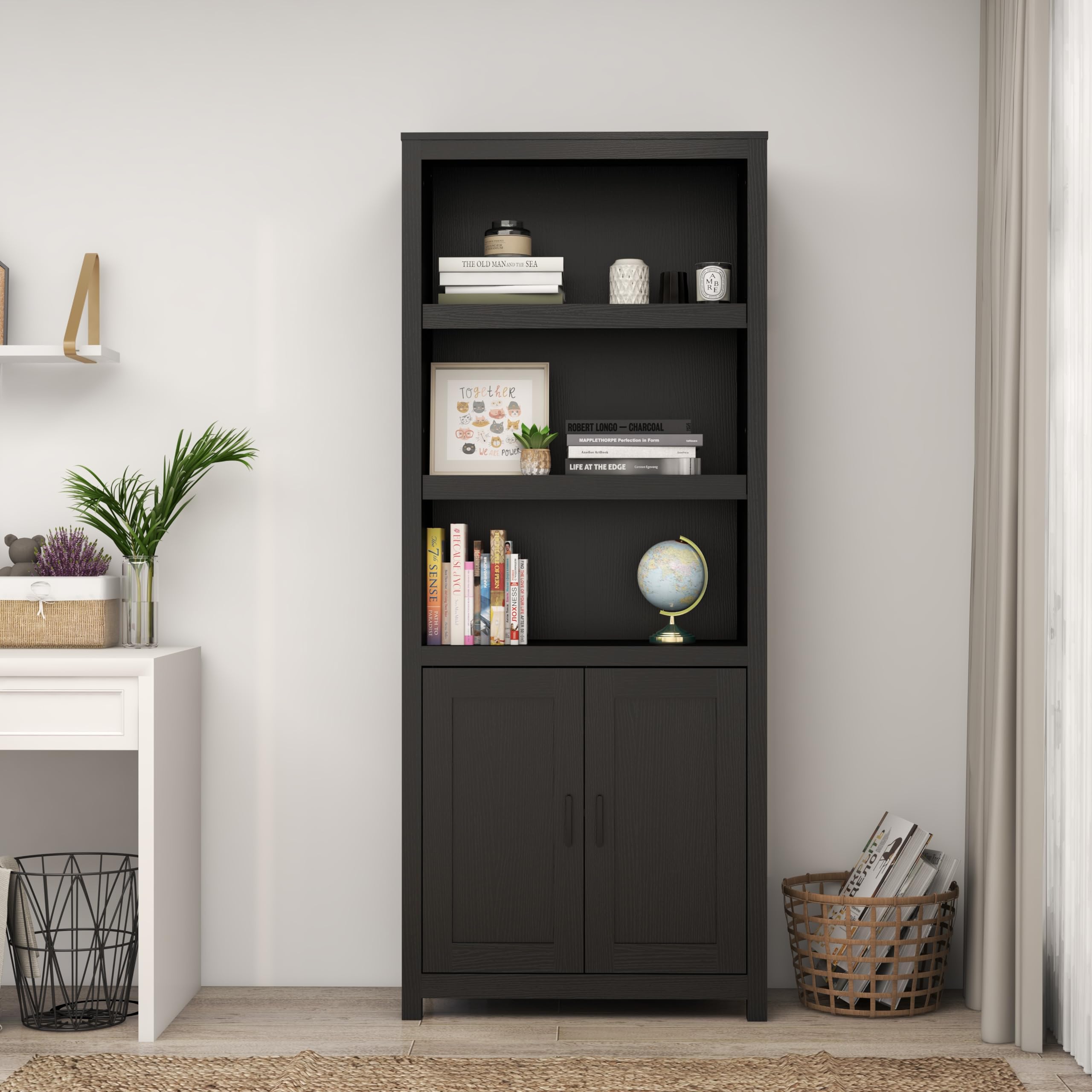 Panana Bookcase with Doors, 5 Shelves Free Standing Display Bookshelf with Cabinet Storage Organizer Home Office Furniture (Black)