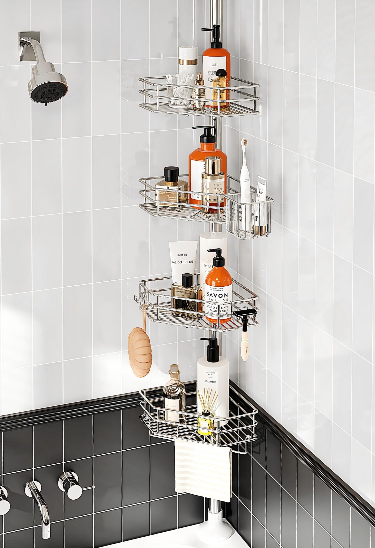 SEIRIONE Corner Shower Caddy Tension Pole, Adjustable Shower Organizer Corner with 4 Shelves, No Drilling Shower Shelf for Inside Shower, Shower Rack for Shower Storage,39.2 to 113 Inch Height, Silver