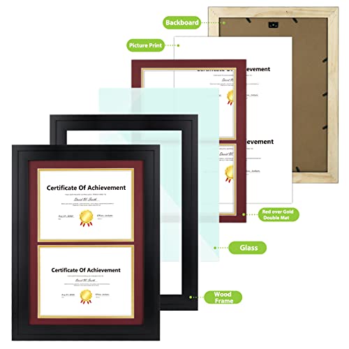 Golden State Art, 14x20 Double Diploma Frame, Black Frame to Dispalay Double 8.5x11 Document with Red Over Gold Mat, Solid Wood & Tempered Glass Protection
