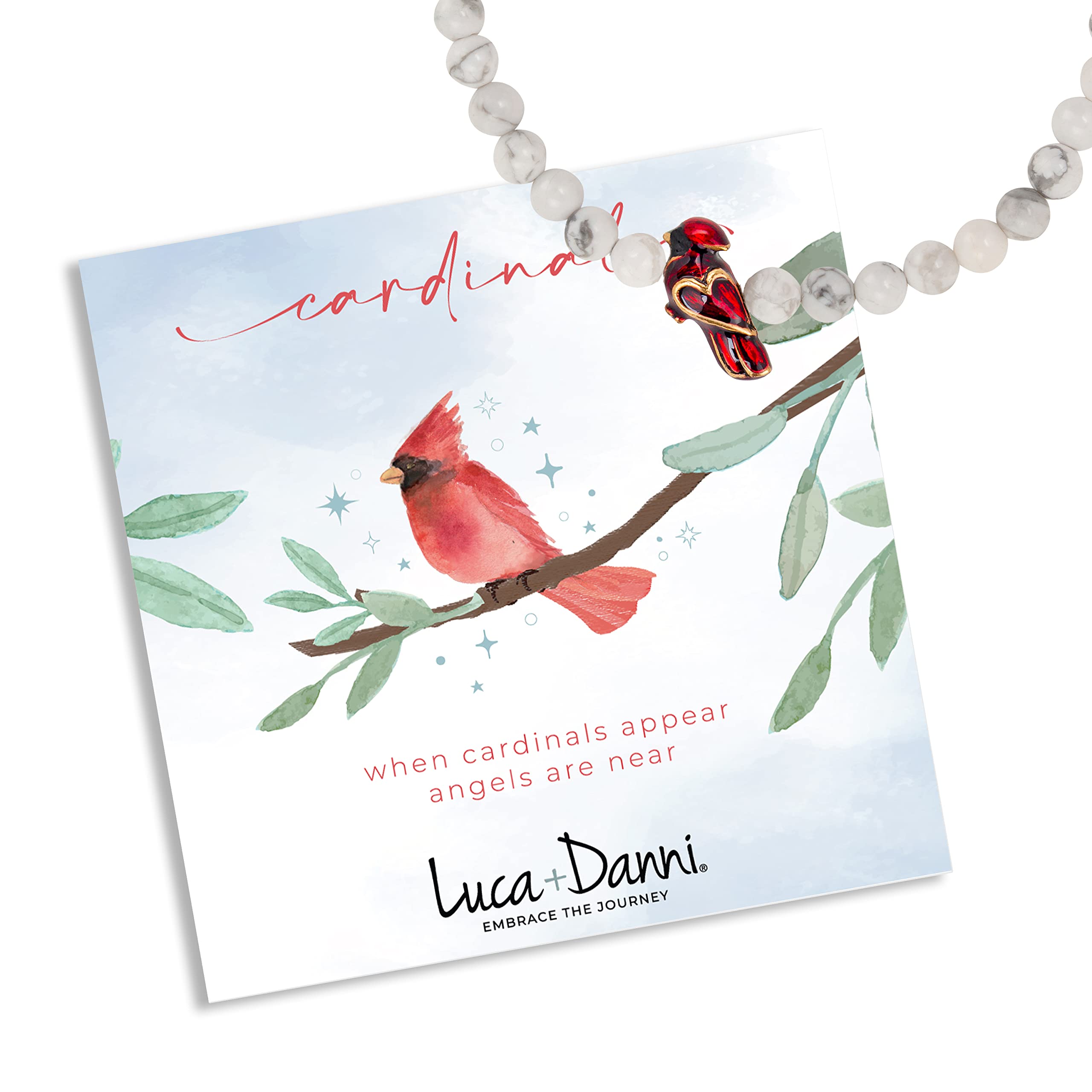 Luca + Danni Red Cardinal Stretch Bracelet with White Howlite Beads For Women - Brass Tone Regular Size Made in The USA
