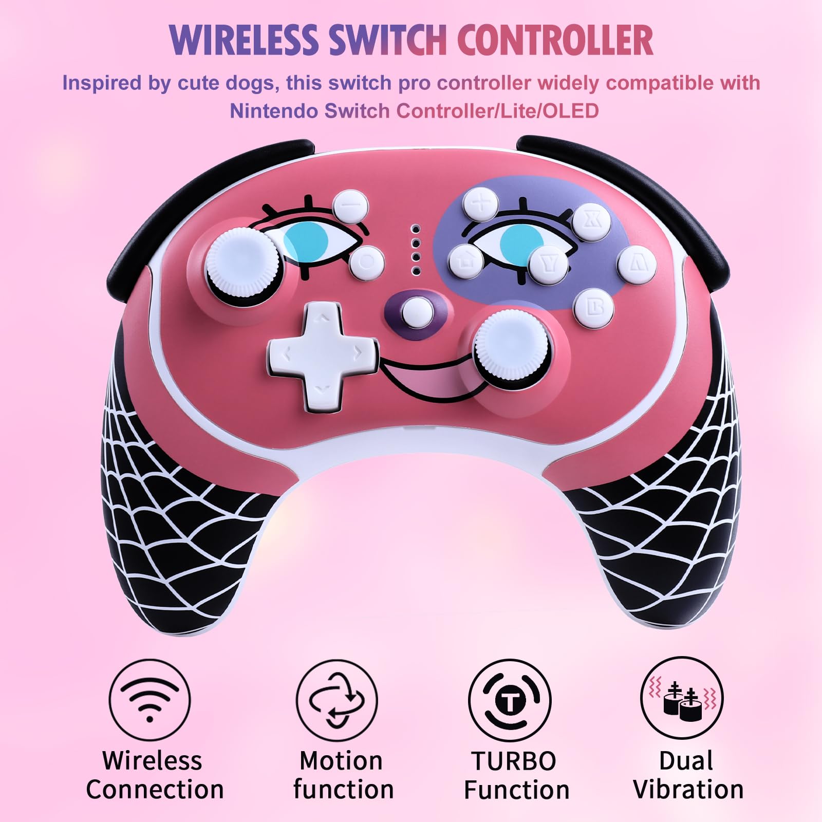 KINGEAR Wireless Switch Controller, Cute Dog Switch Pro Controller for Switch/Lite/OLED, Gaming Controller Gamepad with Wake-up,Dual Vibration,Gyro Axis,Turbo & Programmable Function,2 DIY Magnetic Replacement Cover(Purple+Pink)