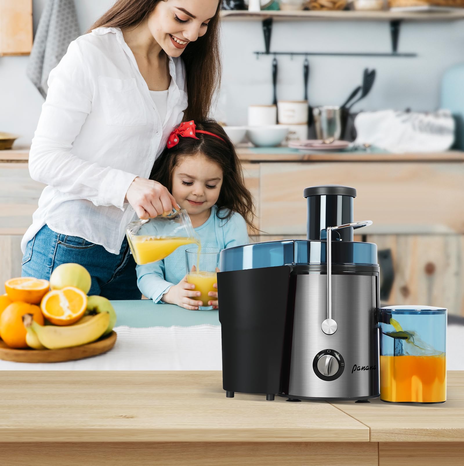 Panana Centrifugal Juicer Extractor with Wide Mouth 3” Feed Chute for Fruit Vegetable, Easy to Clean, Stainless Steel, BPA-free (Silver)
