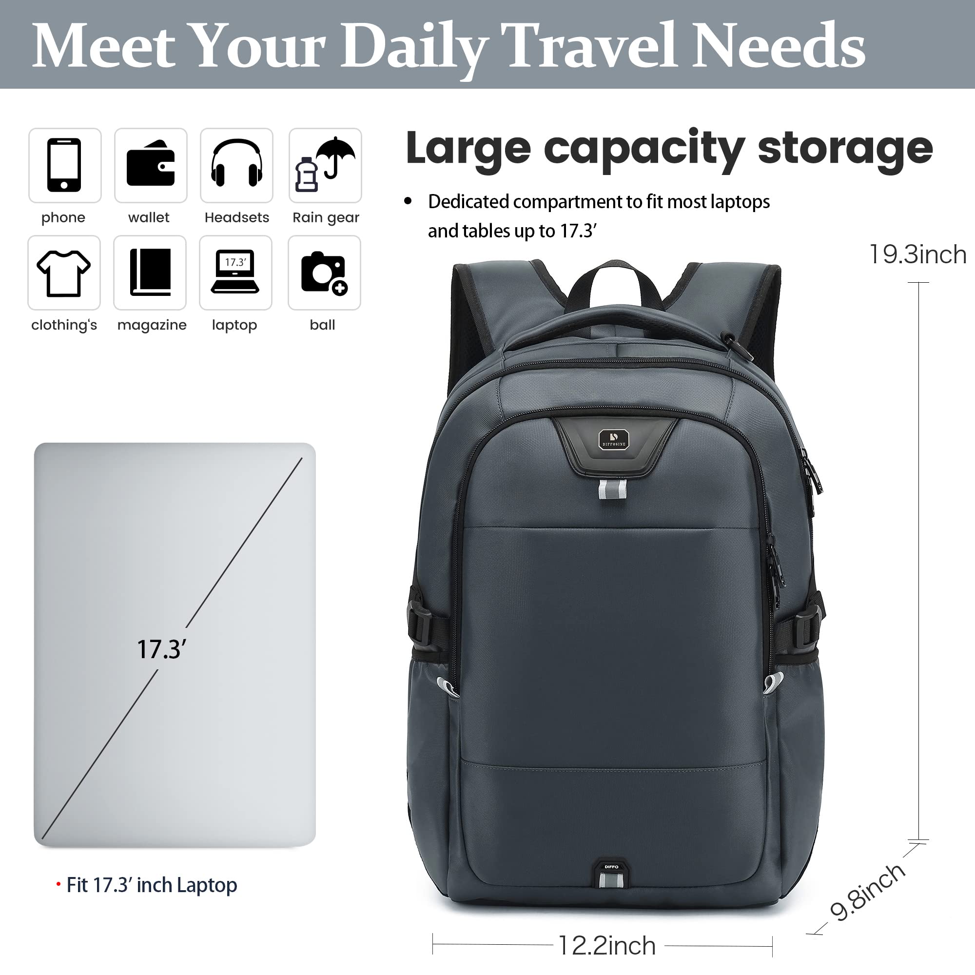 Diffosine Laptop Backpack 17.3 Inch Extra Large TSA Friendly Travel Backpacks Anti Theft College Business Gaming Computer Backpack Durable Hiking Work Daypack for Men Women(Grey)