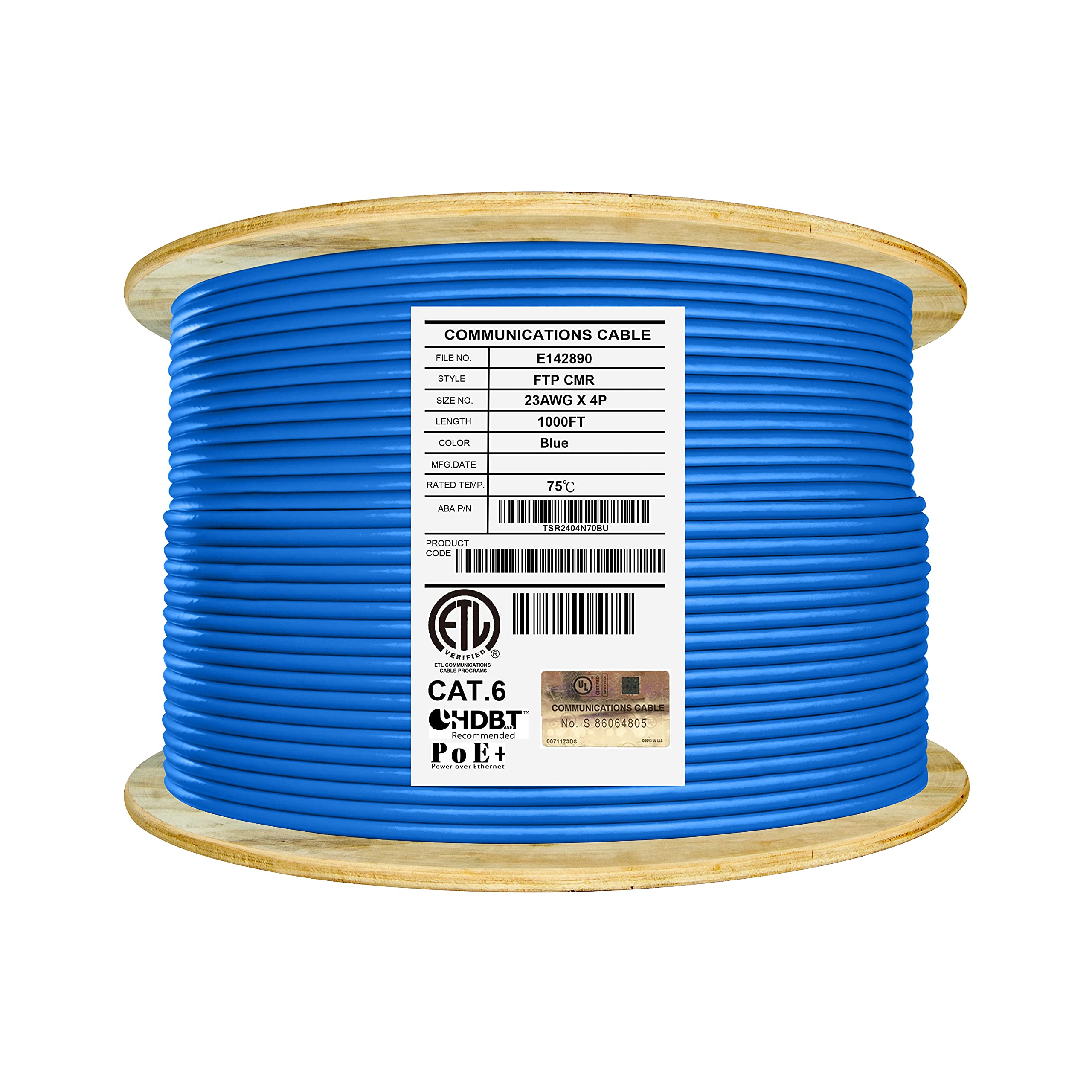 Elite Cat6 Shielded Riser (CMR), Ethernet Cable 1000ft, 23AWG 100% Solid Pure Bare Copper, Foiled w/Unshielded Twisted Pair (F/UTP), 550MHz, UL Certified, UL-LP Cert, Bulk Networking Cable Reel - Blue