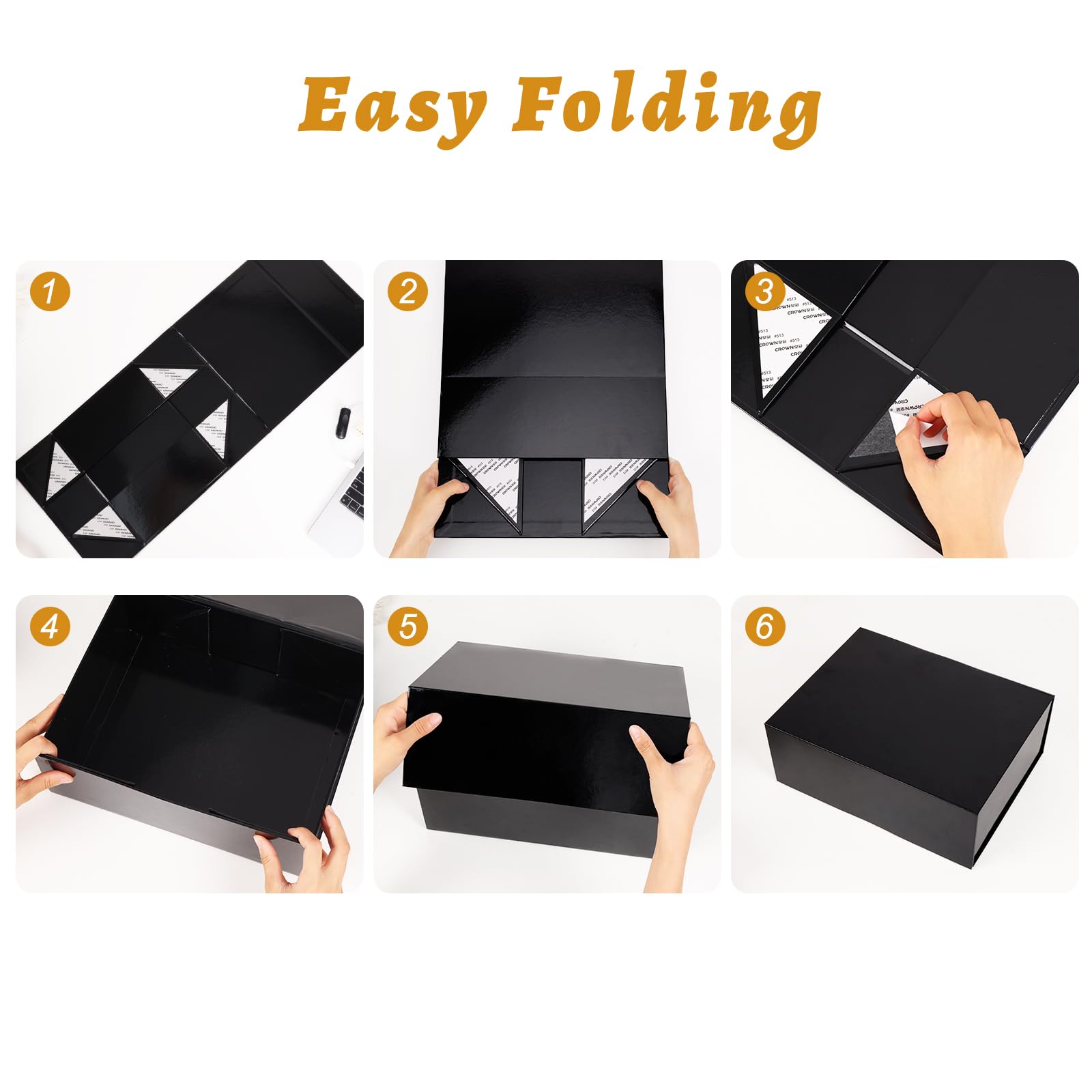 Moretoes Black Gift Box, 3pcs 12 x 9 x 4.3 Inches Gift Boxes with Magnetic Lid and Ribbons, Large Collapsible Gift Box