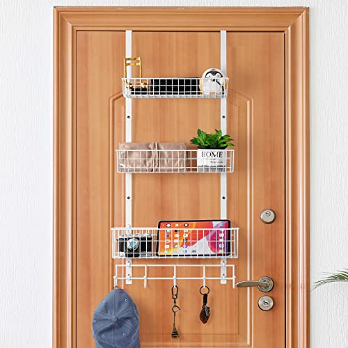 Over The Door Basket Organizer 3 Tier Hanging Kitchen Storage Rack Heavy Duty Pantry Organizer with 3 Basket and 5 Hooks Door Back Metal Wire Basket for Kitchen, Bathroom, Office, White