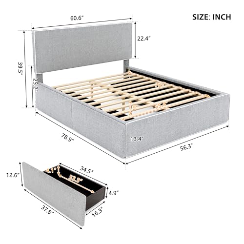 EMKK Full Size Upholstered Platform Bed with 4 Drawers and Golden Edge on The Headboard & Footboard,Bedframe for Kids,Adults Bedroom, w/4 Drawers Tufted Headboard