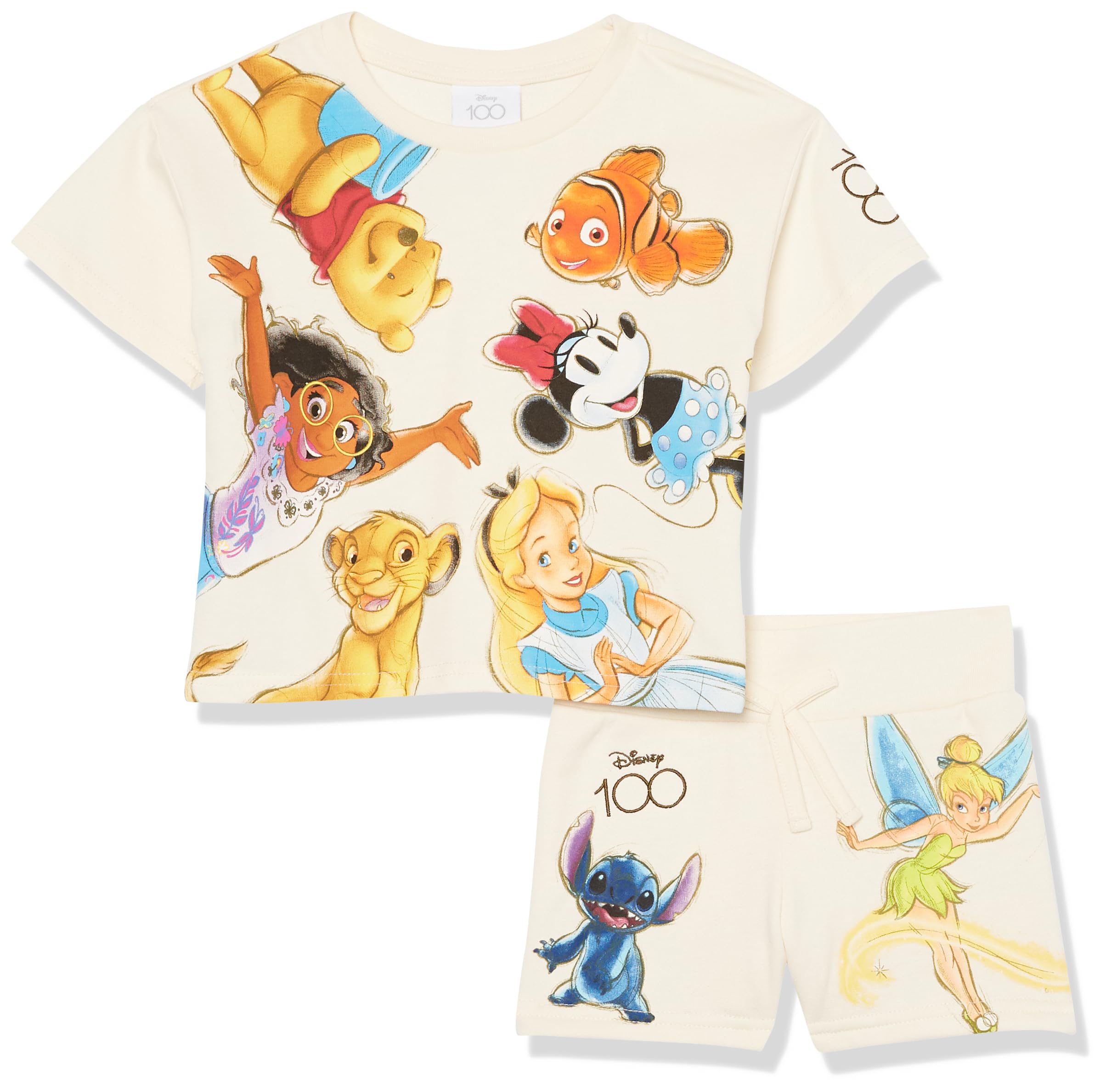 Disney Girls D100 Multi Character French Terry - Minnie, Stitch, Mirabel, Tinkerbell Tee & Short Set, Ivory, 4T US