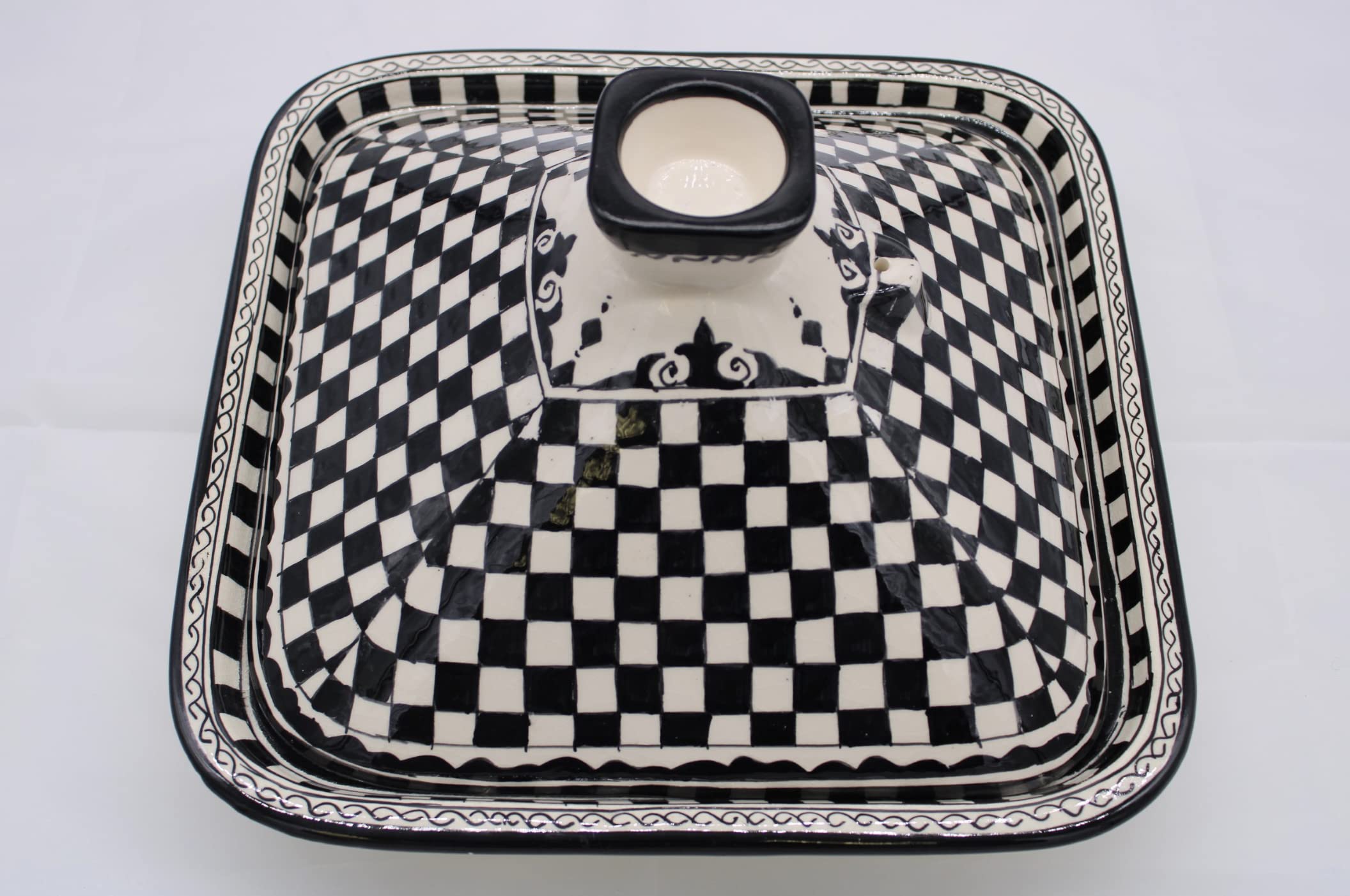 Moroccan Tagine (sizes Vary). Unique Cooking Tagine. Handmade Dish Pot for Cooking Food. Traditional Moroccan Culinary Experience, Made from High-Quality, Heat-Resistant Clay. Made for COOKING AND SERVING. (Black and White 10")