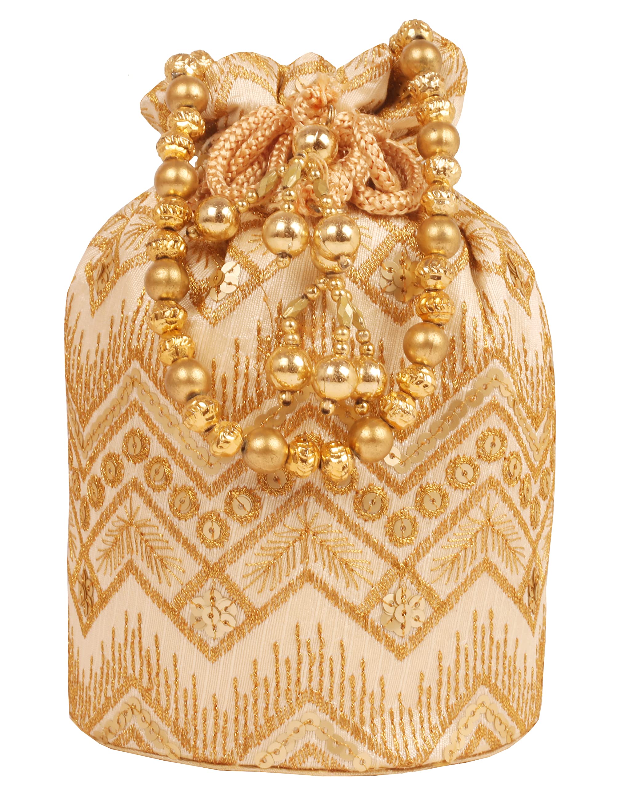 INDTRESOR beaded handcrafted brocade evening purse drawstring handbag vintage party wedding gift for women. Cream Gold