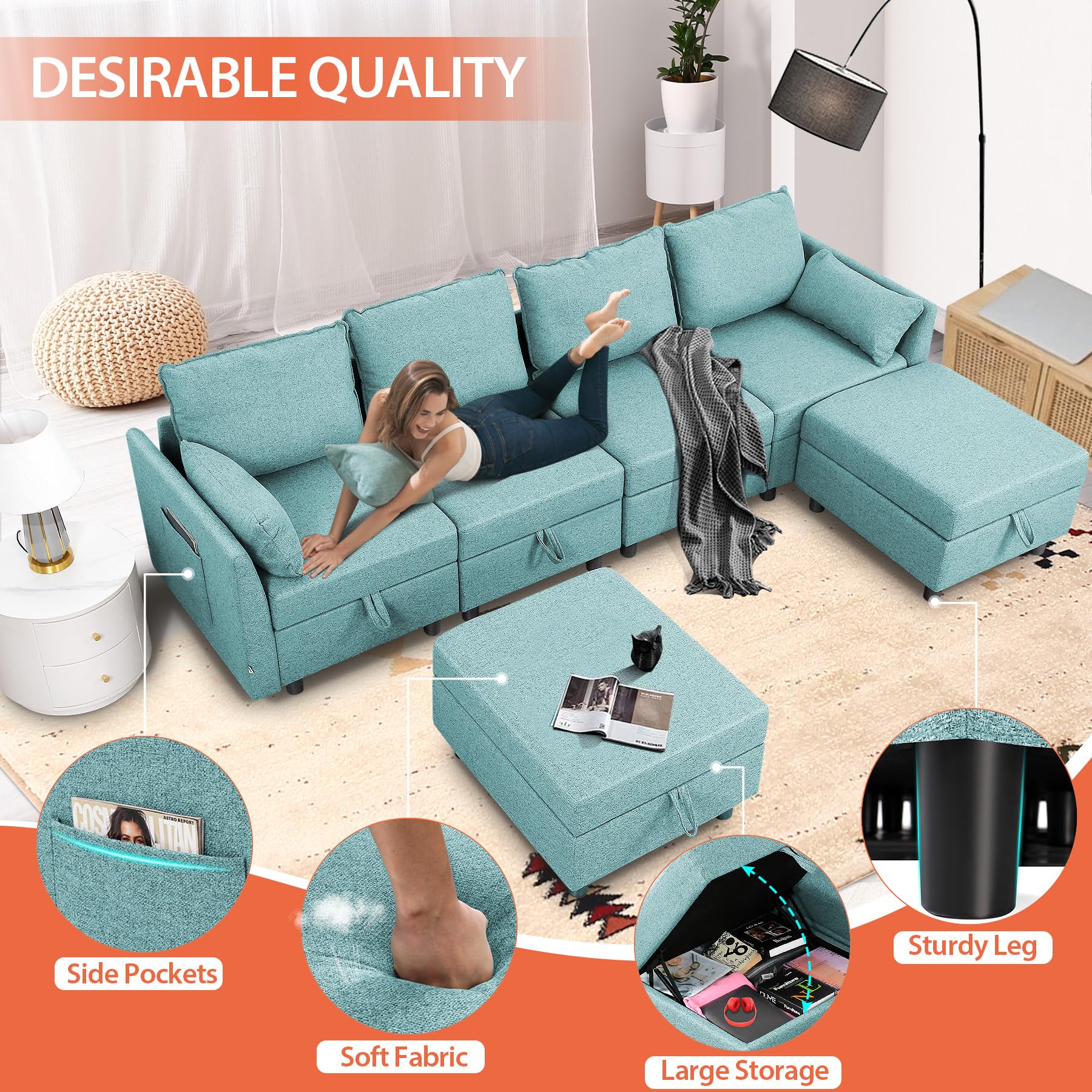 SEJOV Sleeper Sofa, 4-in-1 Convertible Ottoman Couch Bed, Modern Blue Line Futon Couch with 2 Pillows Adjustable Backrest and Armrests, Foldable Loveseat for Apartment Dorm, Office, Light Blue