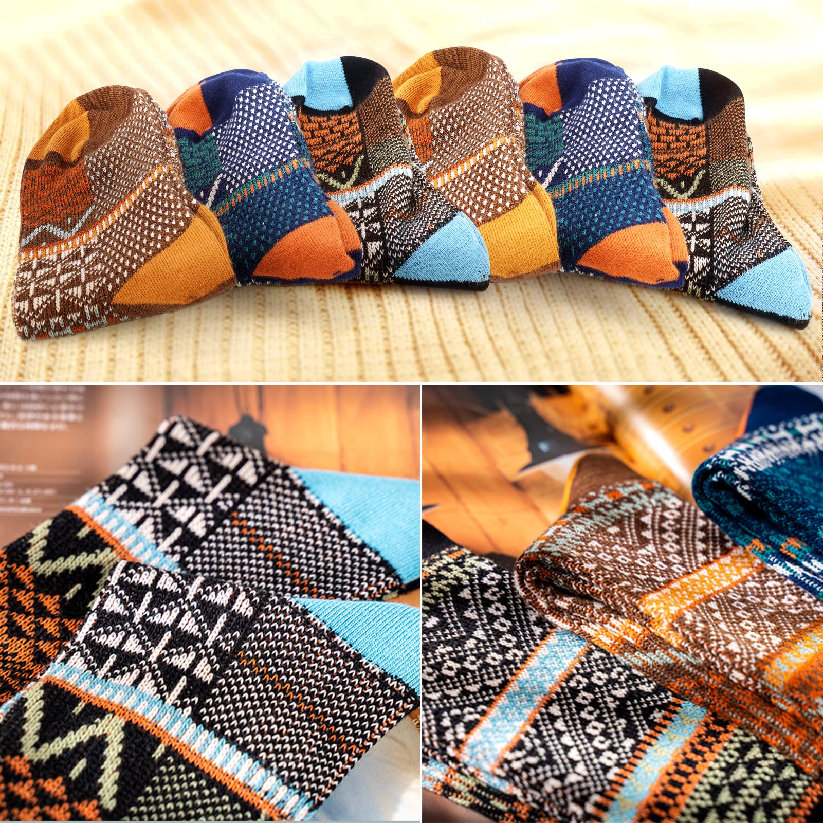 Luckit 6 Pack Wool Socks for Men Women, Warm Cotton Socks Winter Cabin Socks, Vintage Fall Patterned Socks Unisex Knit Socks (Retro stripes)
