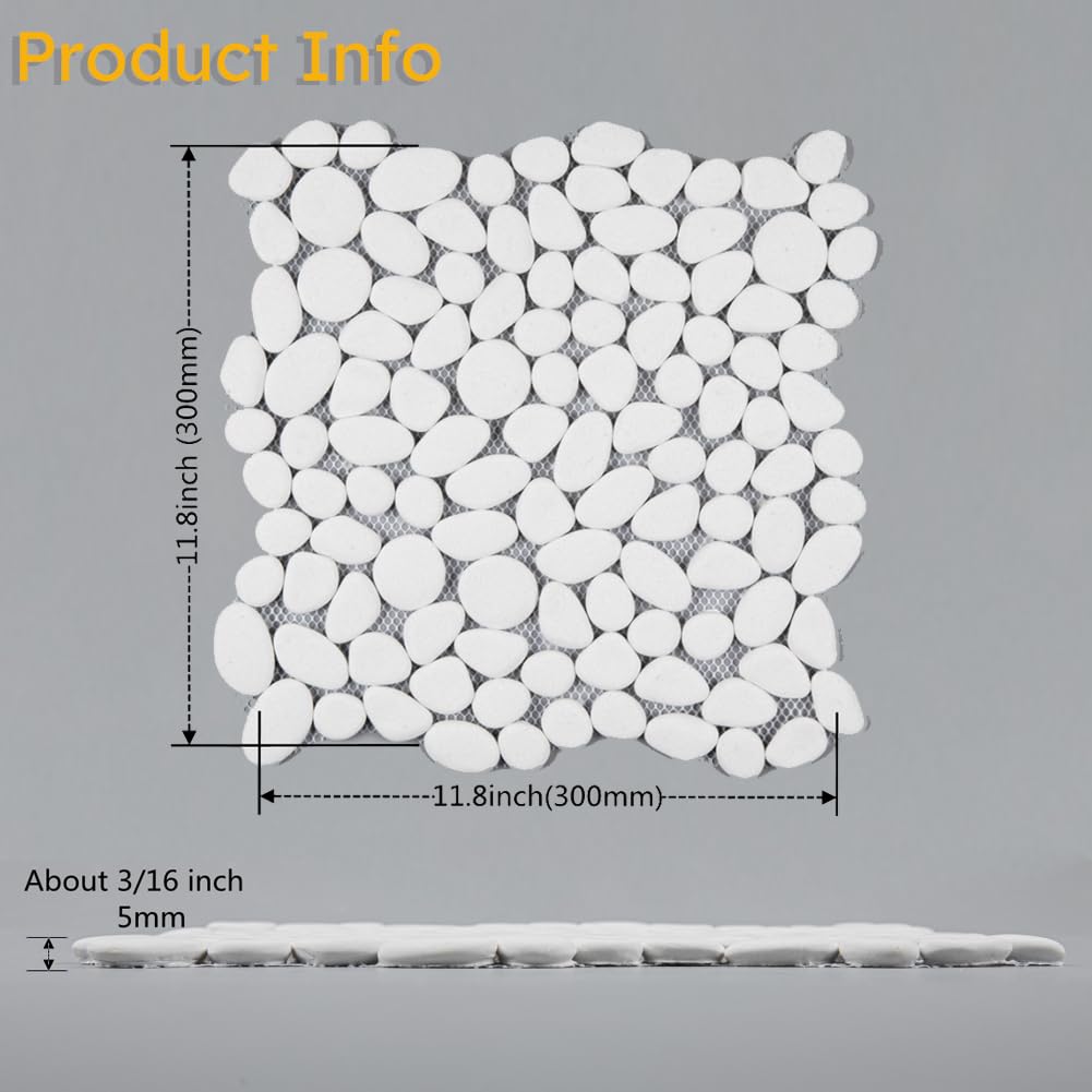 Diflart White Pebble Backsplash Tile Polished for Kitchen Shower Floor Wall Tiles Pack of 5 Sheets