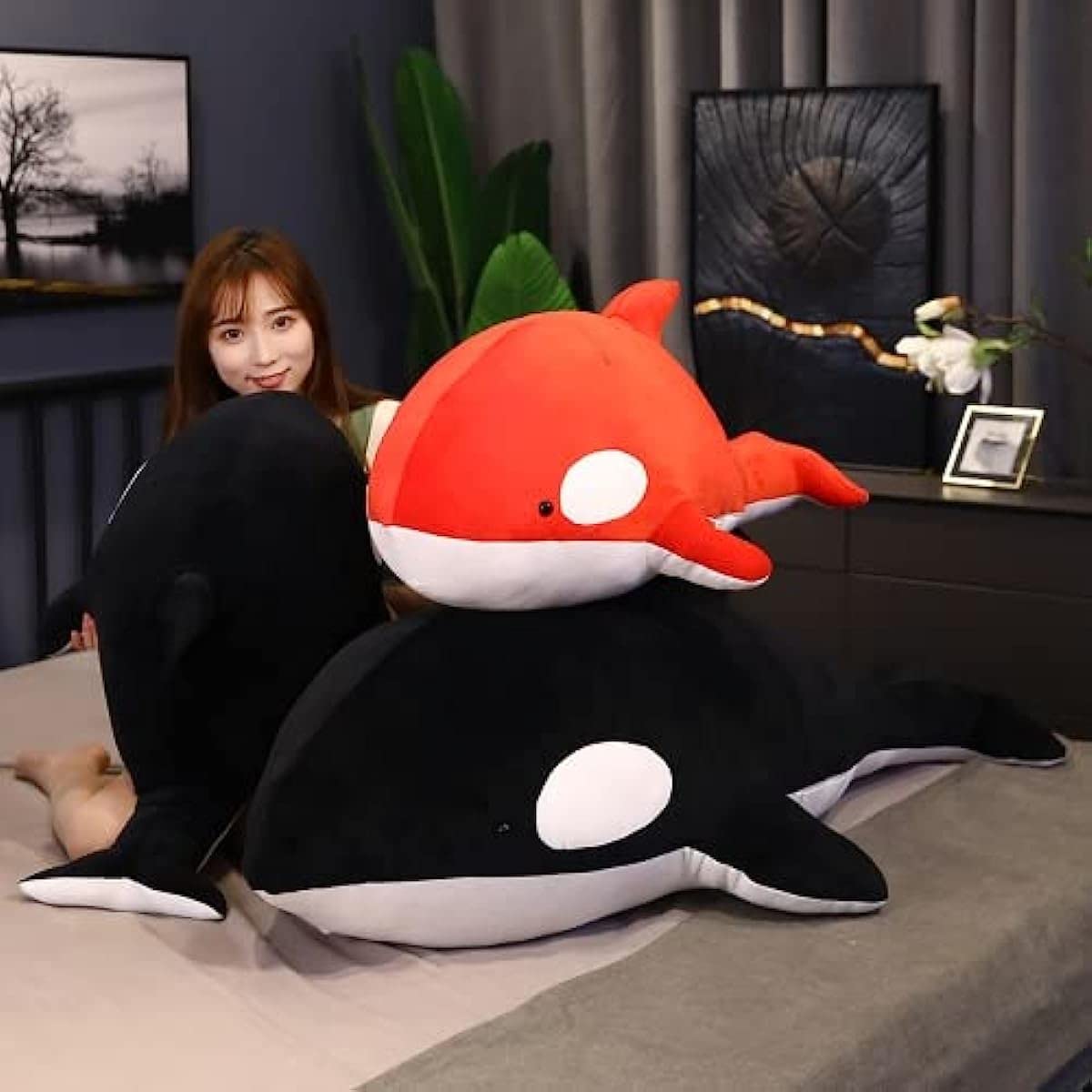 pangcangshu Nice Huggable Big Killer Whale Doll Pillow Whale Orcinus orca Black and White Whale Plush Toy Doll Shark Kids Boys Soft Toy(Red,95cm/37.4 inch)…