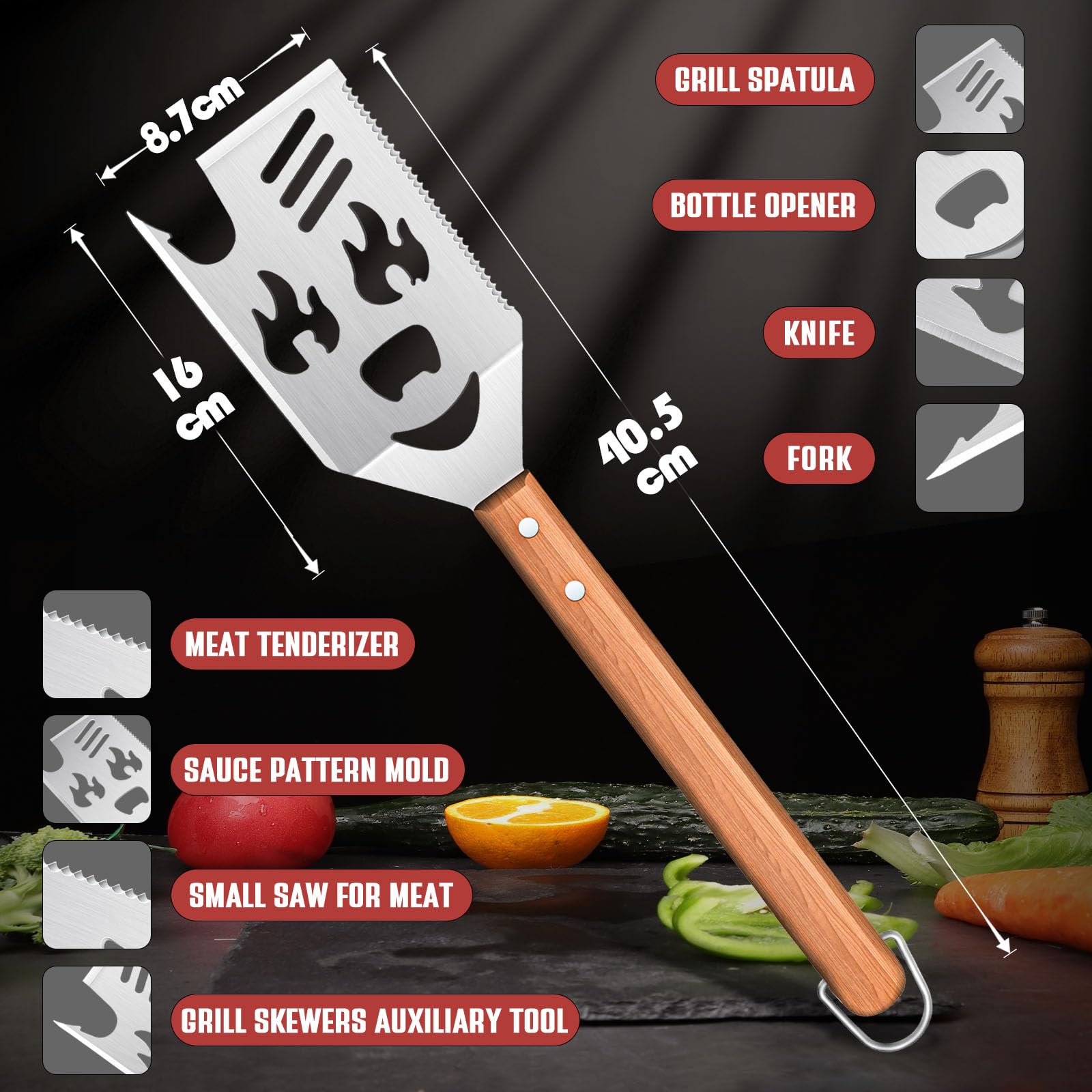 Dragon Creek 6PCS Griddle Accessories Kit Flat Top Grill Accessories Set Professional Stainless Steel Grill Spatula Set with Wooden Handle for Outdoor BBQ Camping