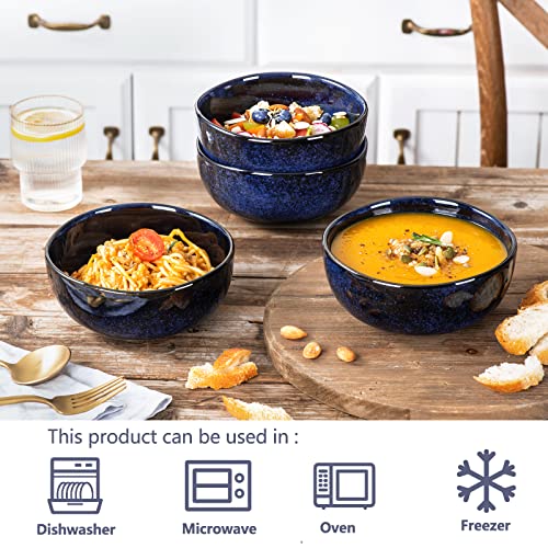 vicrays Ceramic Cereal Bowls Set - Porcelain 26 Ounce Soup Salad Bowls Set - Rice Dessert Cream Bowls Set - Chip Resistant Dishwasher Microwave Safe - Set of 6 (Blue)
