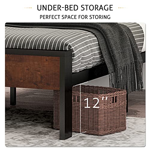 SHA CERLIN 14 Inch Full Size Metal Platform Bed Frame with Wooden Headboard and Footboard, Mattress Foundation, No Box Spring Needed, Large Under Bed Storage, Without Noise, Mahogany