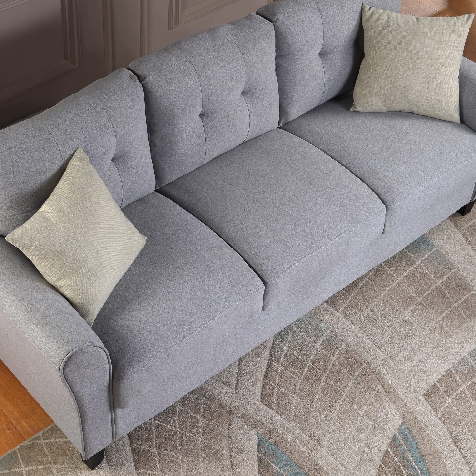 P PURLOVE 3-Seat Sofa for Living Room, Modern Sofa with Comfortable Padded Backrest, Linen Upholstered Couch Furniture for Bedroom, Office, Small Space, Easy Assembly, Light Grey Blue
