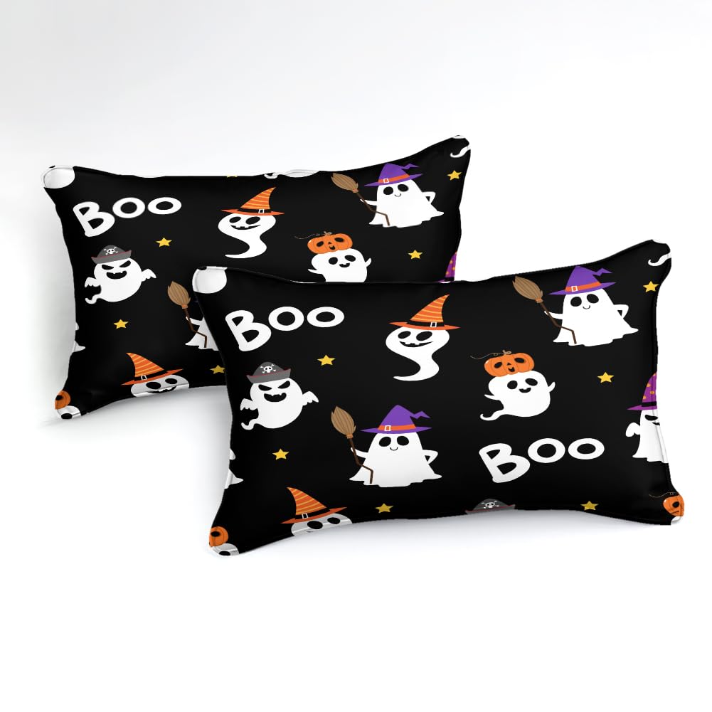 MOVE OVER Pumpkin Bedding Set Queen Size Halloween Duvet Cover Set 3 Pcs Pumpkin Lantern and Cute Bats Witch Hats Printed Kids Halloween Bedding Set(Queen, Black)
