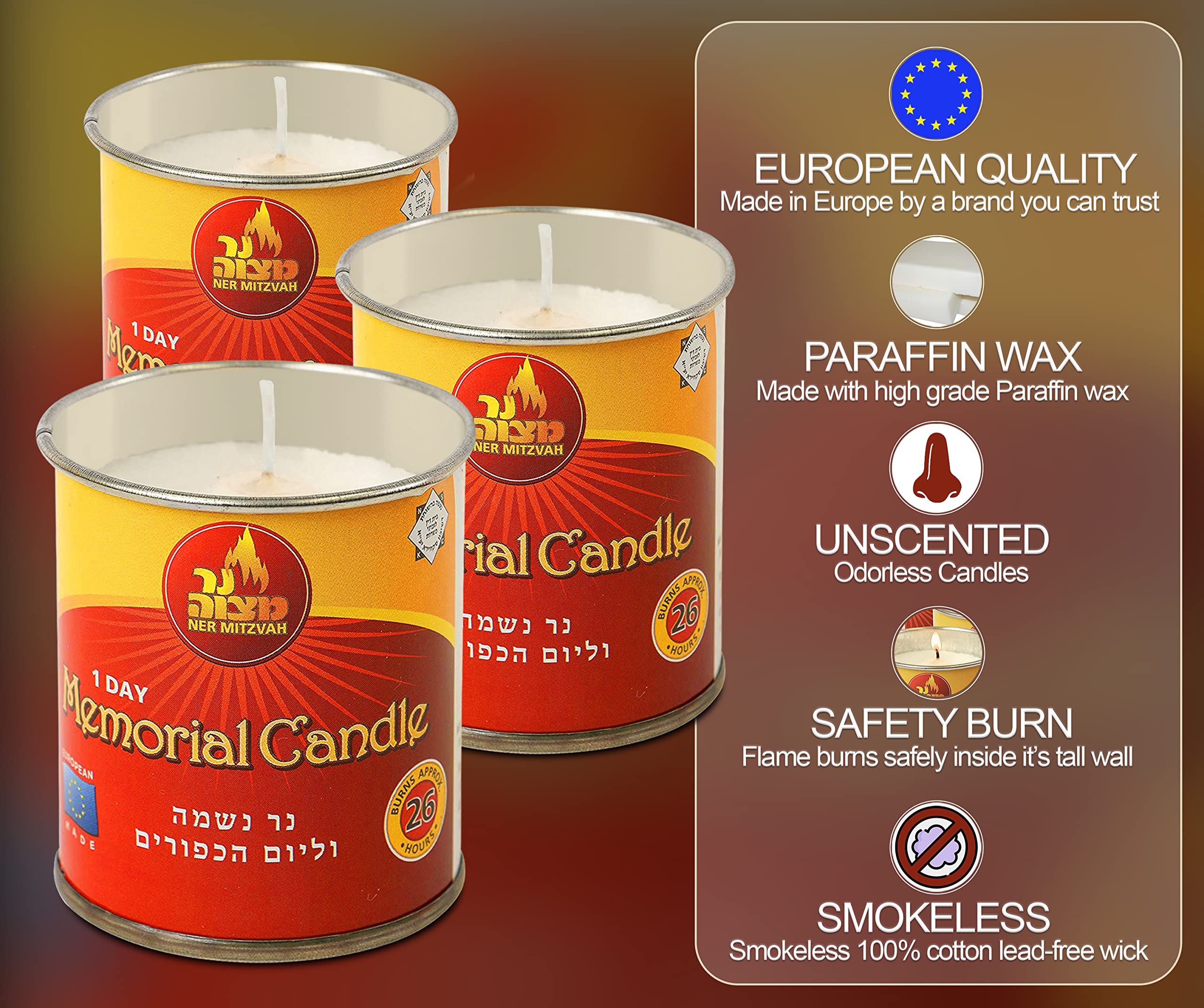 Ner Mitzvah 1 Day Yartzeit Candle - 12 Pack - 24 Hour Kosher Yahrtzeit Memorial and Yom Kippur Candle in Tin Cup Holder