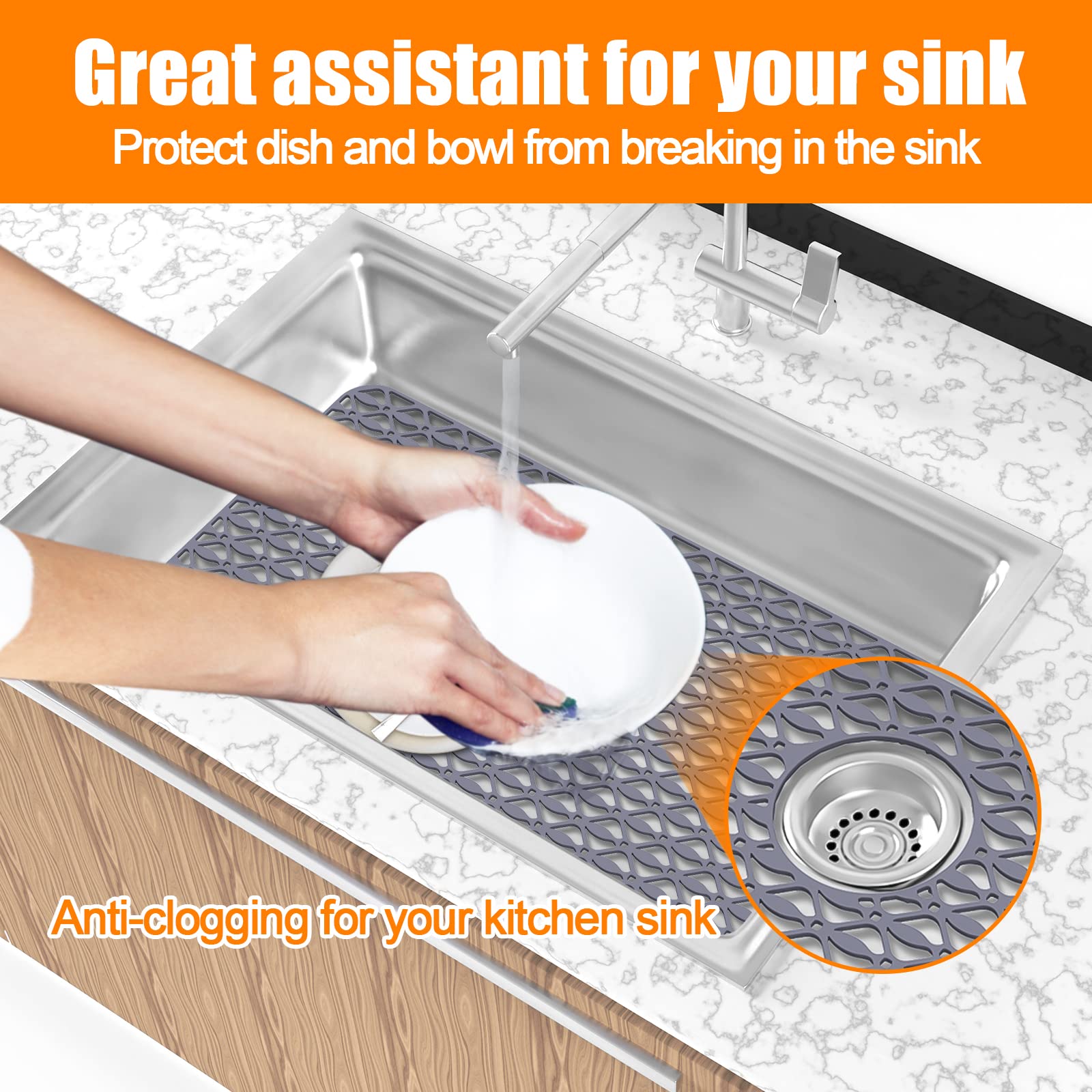 JUSTOGO Sink Protectors for Kitchen Sink 27.5'' x 15.7'', Kitchen Sink Mats Heat Resistant Silicone Mat for Stainless Steel Sink, Sink Mats for Bottom of Kitchen Sink, Rear Drain