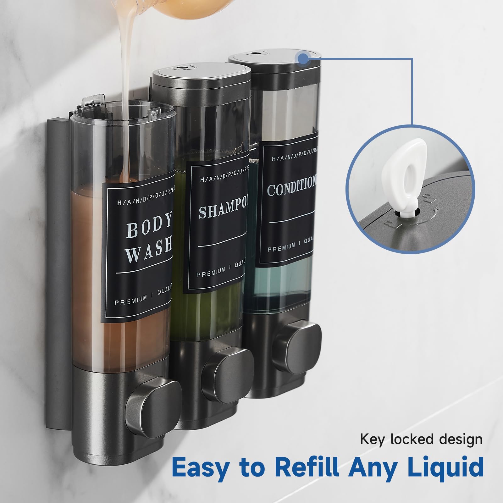 Shampoo and Conditioner Dispenser,Unisense Shower Soap Dispenser 3 Chamber No Drill Wall-Mounted Shampoo Dispenser for Shower Wall Mounted Shower Dispenser for Bathroom Hotel Large Capacity,Dark Gray