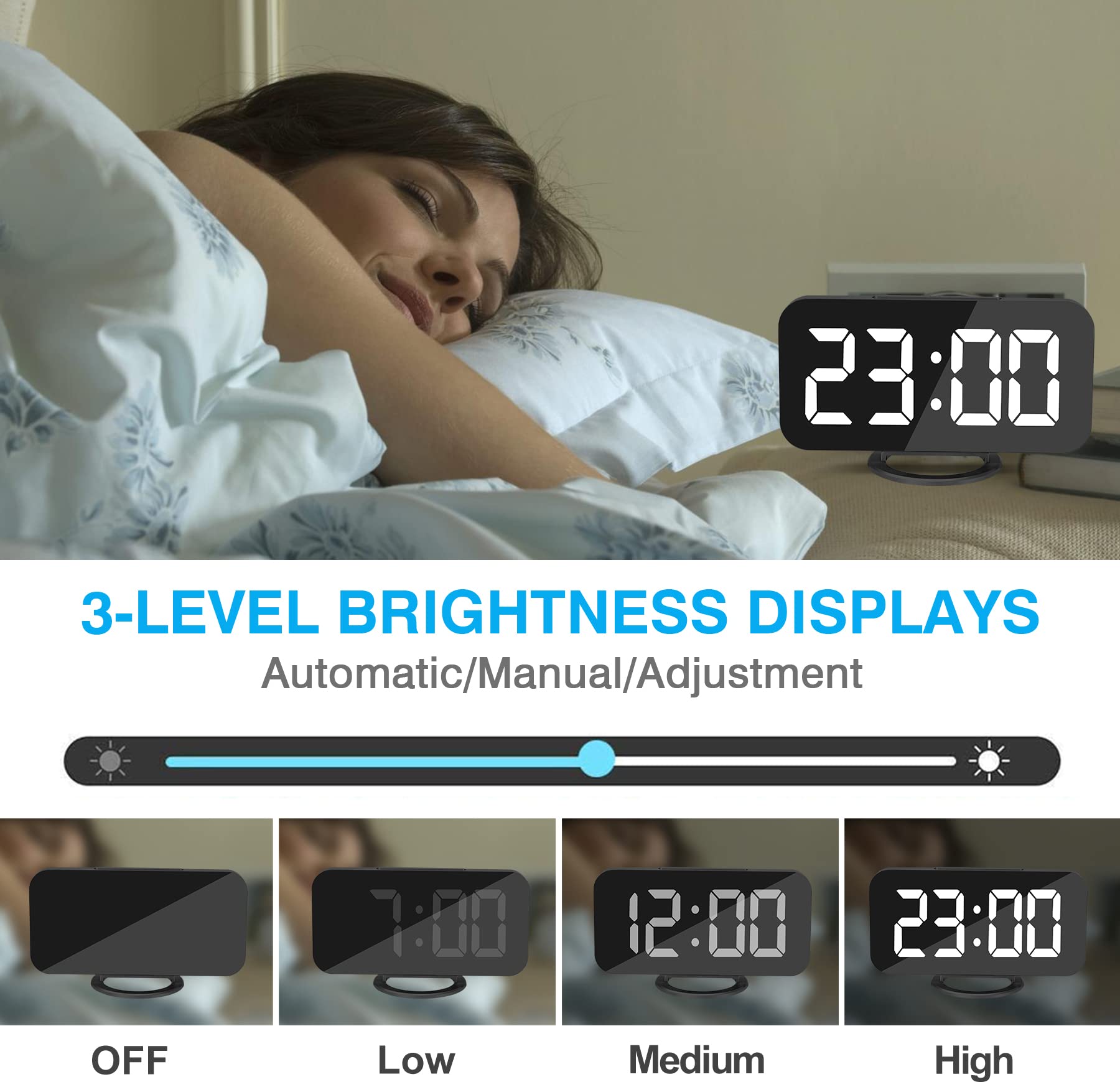 Digital Alarm Clock,6" Large LED Display with Dual USB Charger Ports | Auto Dimmer Mode | Easy Snooze Function, Modern Mirror Desk Wall Clock for Bedroom Home Office for All People (Black)