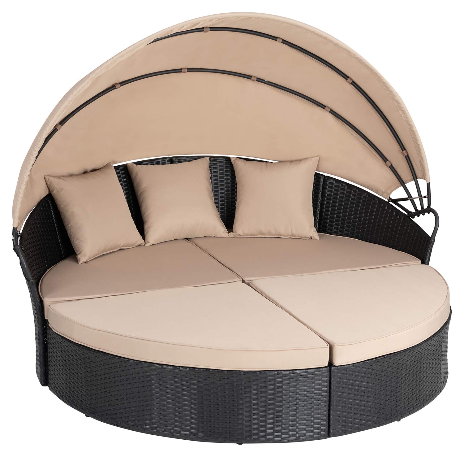 Walsunny Patio Furniture Outdoor Lawn Backyard Poolside Garden Round Daybed with Retractable Canopy Wicker Rattan, Seating Separates Cushioned Seats