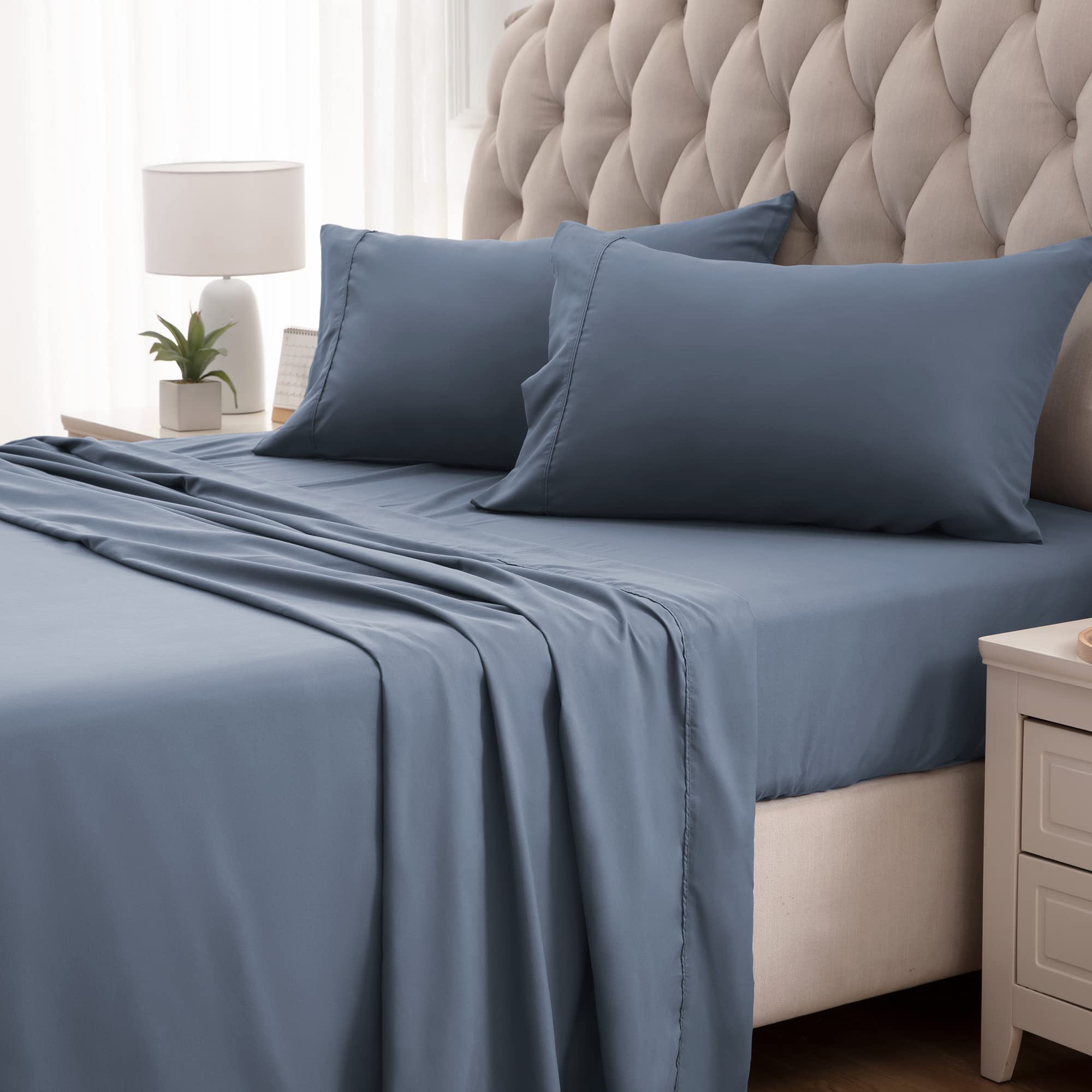 SLEEP ZONE Nanotex Super Soft Cooling Twin Bed Sheets Set for Kids 3 Piece - Easy Care Fitted Flat Sheet & Pillowcase Sets - Wrinkle Free, Fade Resistant, Deep Pocket 16" (Flint Blue, Twin)
